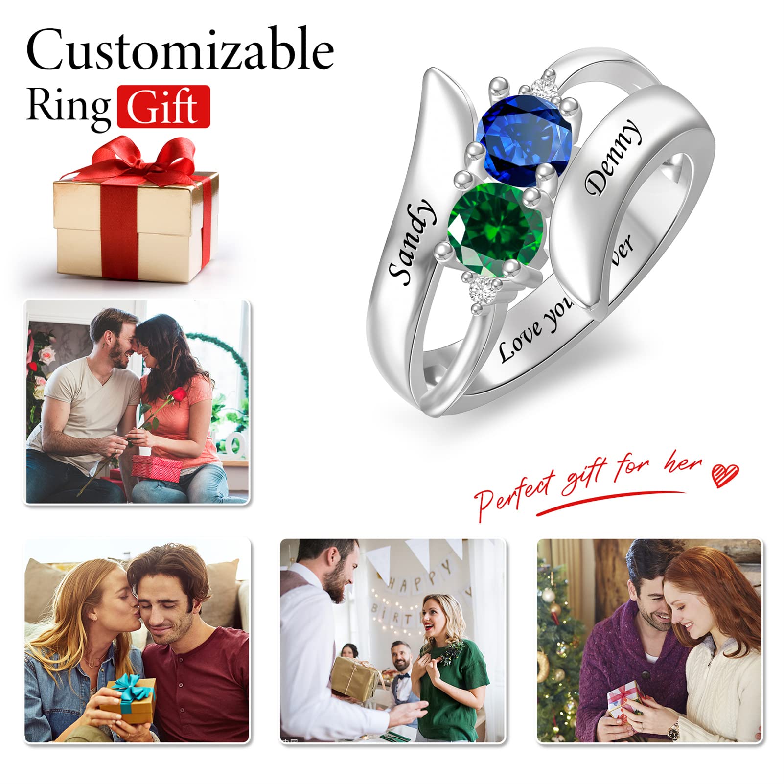 BAUMA AUTO Personalized 2 Birthstone Infinity Rings Engraved Name Promise Ring Custom 925 Sterling Silver Engagement Wedding Rings for Couples Valentines Mother’s Day (Rose gold)