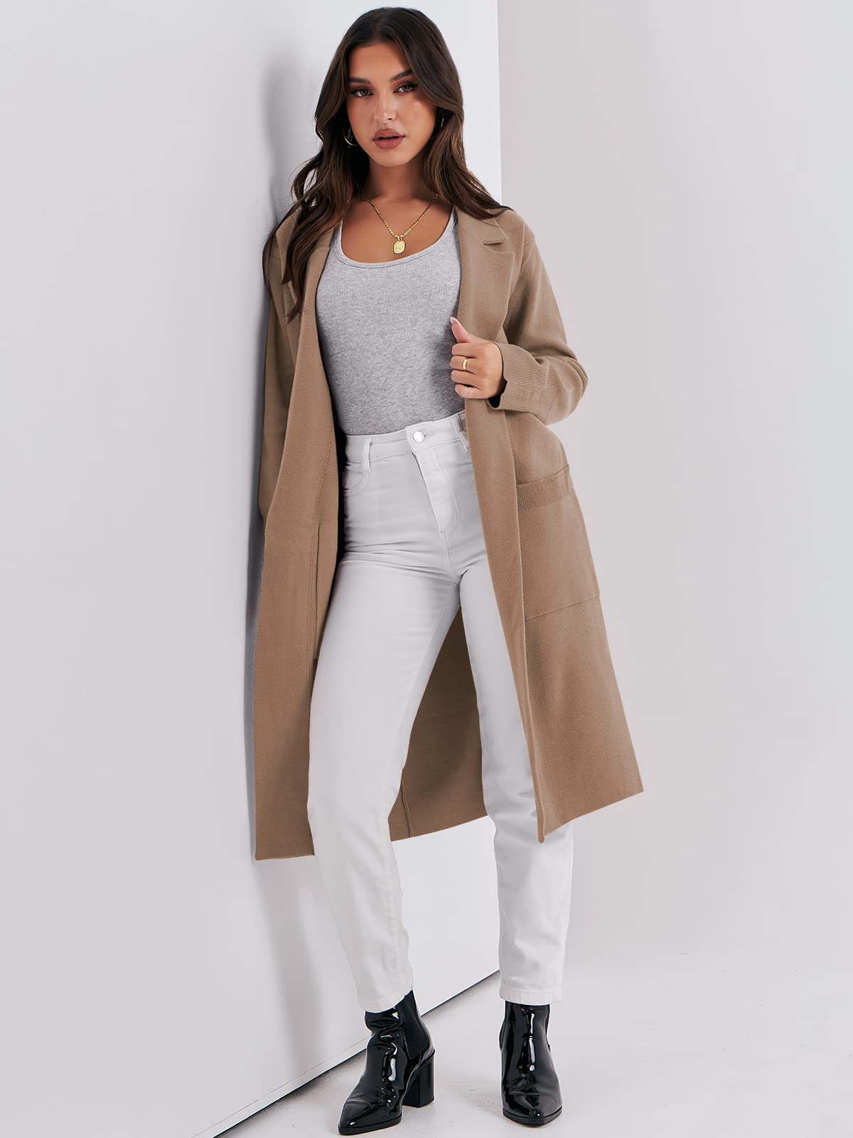 ANRABESS Women Cardigan Oversized Open Front Sweater Coat Lady Blazer Jacket Fall Outwear Coatigan 2024 Trendy Outfits Khaki Medium