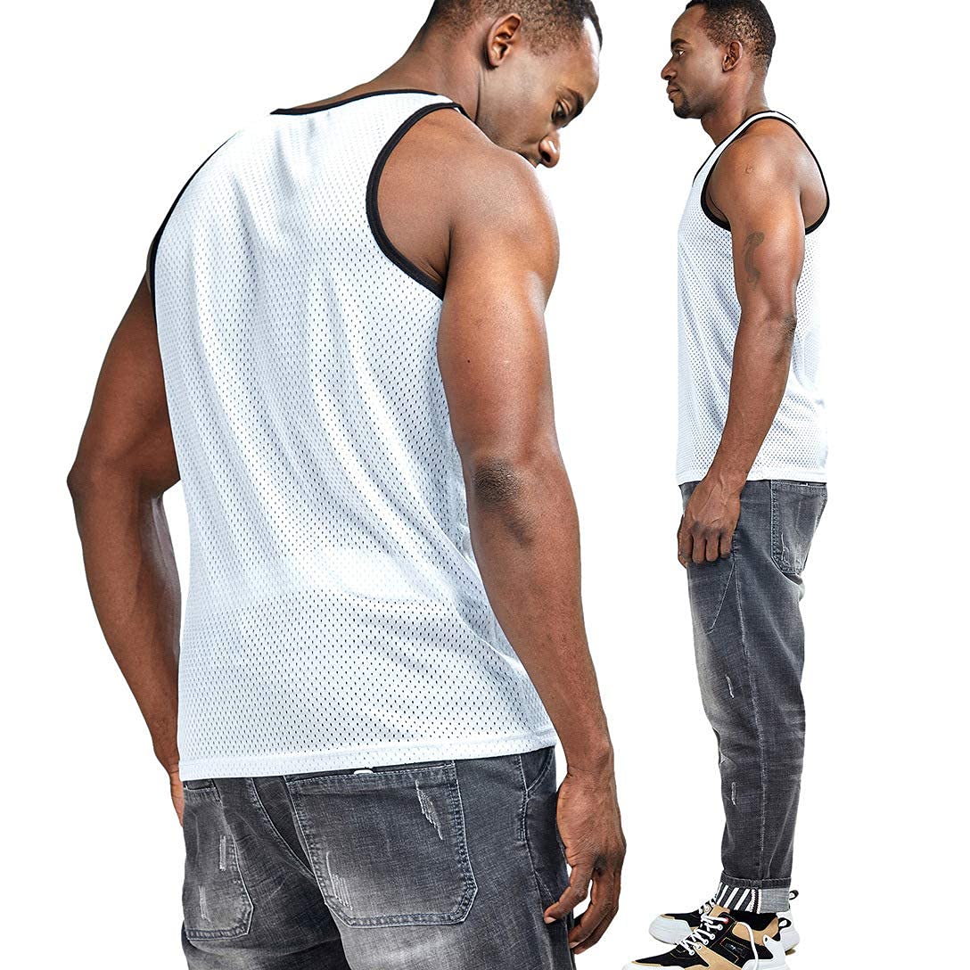 AIMPACT Men Athletic Workout Tank Top Mesh Quick Dry Jersey Casual Sleeveless Shirts(White L)