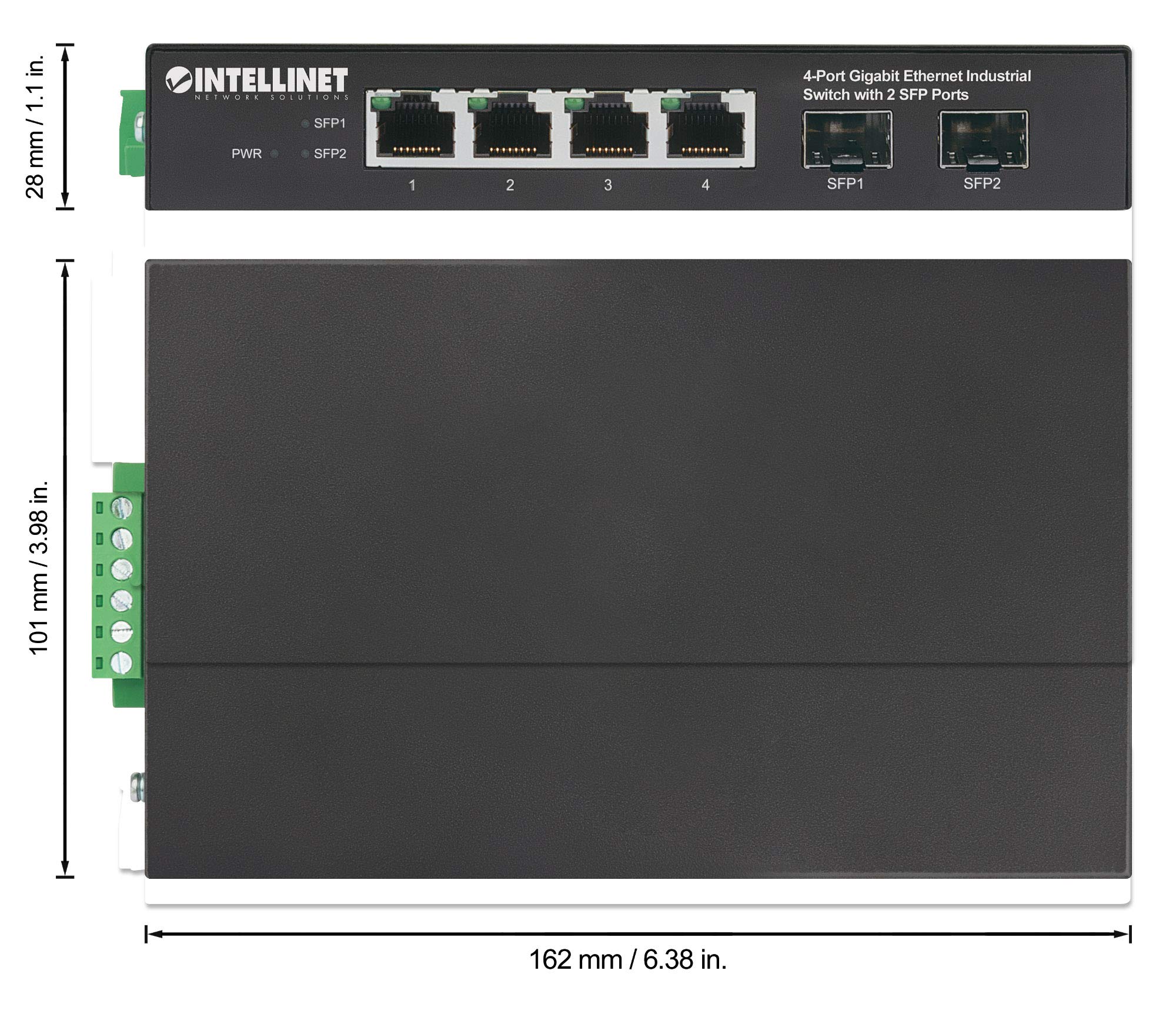 Intellinet 4-Port Industrial Gigabit Ethernet Switch with 2 SFP Ports-IP40 Rated Metal Housing, DIN-Rail Mount, Terminal Block Powered–for Computer Desktop Internet Networking-3 Yr Mfg Warranty-508247