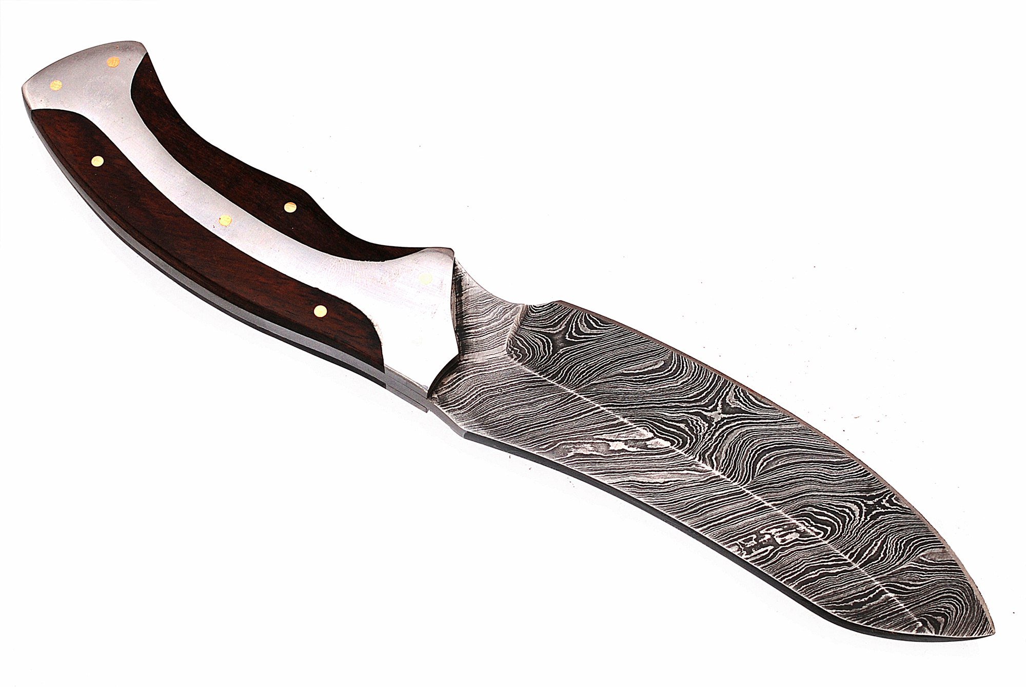 AishaTech Sharky Hand Made Hunting Knife Damascus Steel Blade Wood Brass Handle