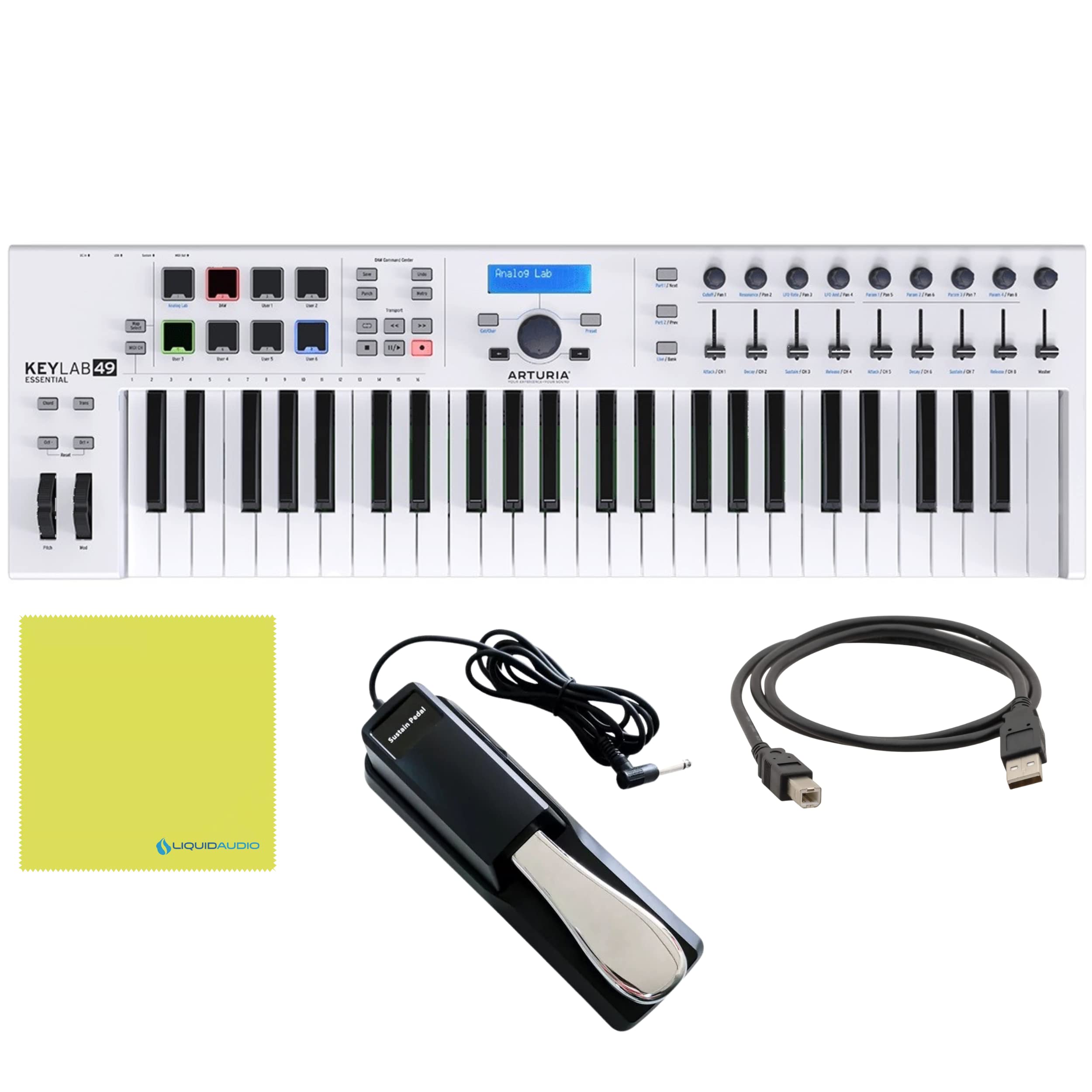 Arturia KeyLab Essential 49 49-key Keyboard Controller Bundle w/Deluxe Sustain Pedal, USB Cable & Liquid Audio Polishing Cloth (4 Items)