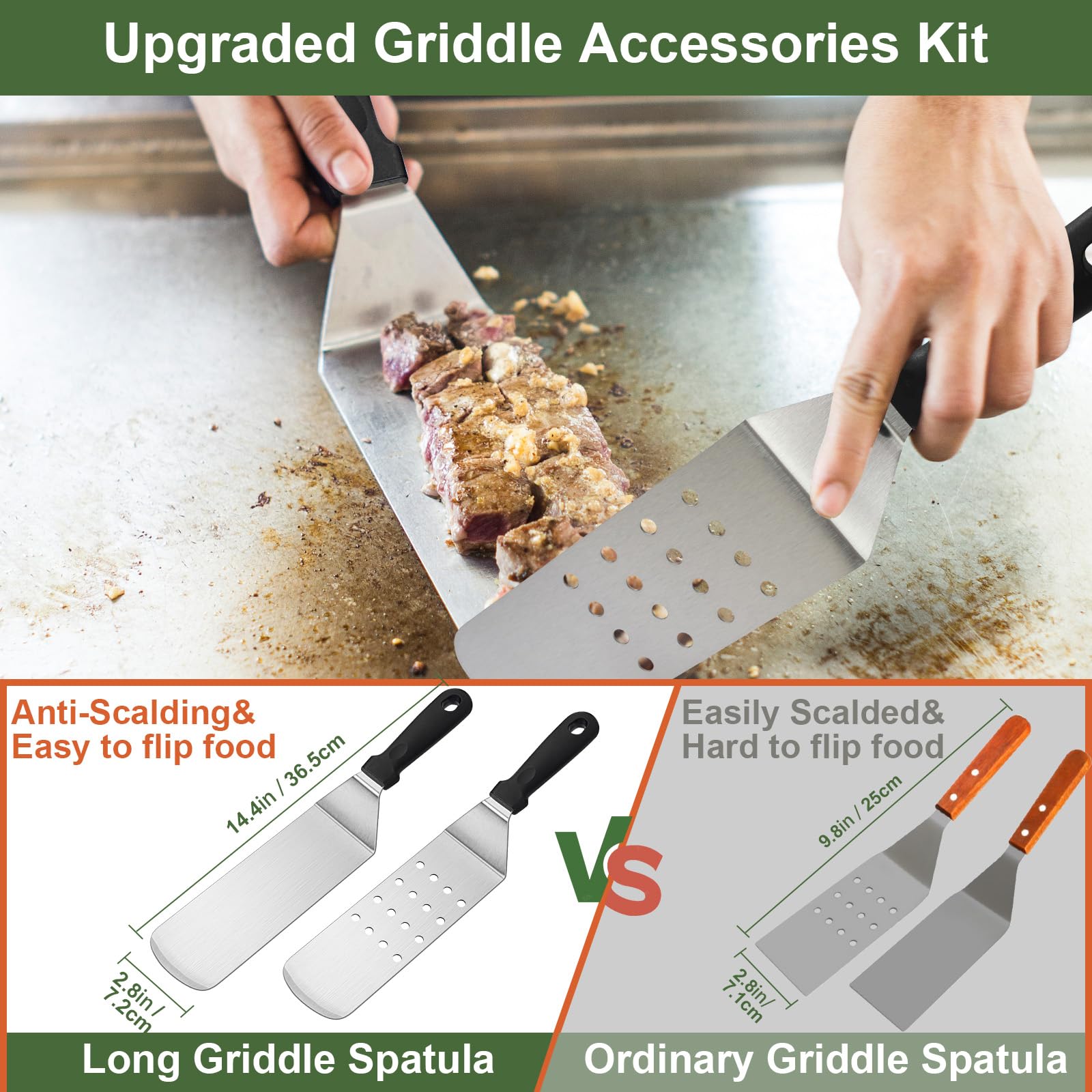 AIKKIL Griddle Accessories Kit, 18 pcs Flat Top Grill Accessories Kit, Professional BBQ Grilling Accessories Set, Enlarged Spatula, and More Griddle Tools