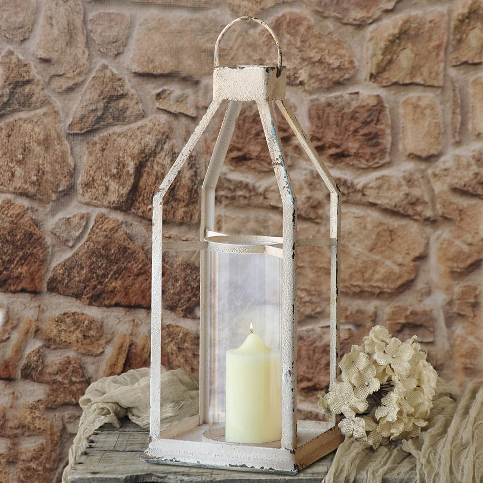 Farmhouse White Metal Lanterns 21" Decorative Hanging Candle Lantern, Rustic Distressed Candle Holder Outdoor Lanterns for Front Porch Floor, Patio or Wedding