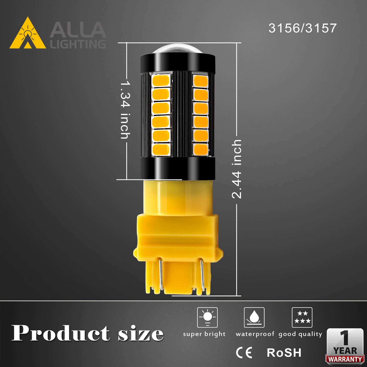 Alla Lighting 2800lm 3156 3157 LED Turn Signal Lights Bulbs, Amber Yellow T25 4157 5702 3457 AK 3757 NAK Blinker Lamps Replacement Xtreme Super Bright 12V 5730 33-SMD