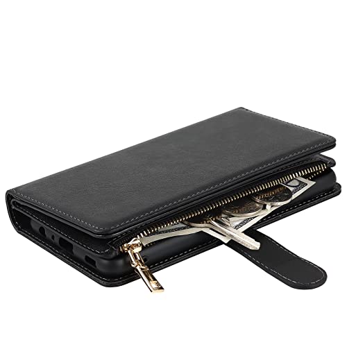 Jaorty Samsung Galaxy A52 5G Wallet Case,[9 Card Slots] Removable Adjustable Crossbody Necklace Lanyard Shoulder Strap Zipper Magnetic Leather Case for Samsung Galaxy A52 5G,6.5 inch Black