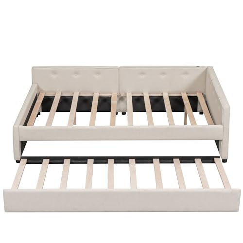 KTATK Wood House Bed with 2 Twin Solid Bed,L Structure Bedroom Platform Bed Frame W/Fence and Slatted Frame,No Box Spring Required,for Kids Teens Boy Girl,White