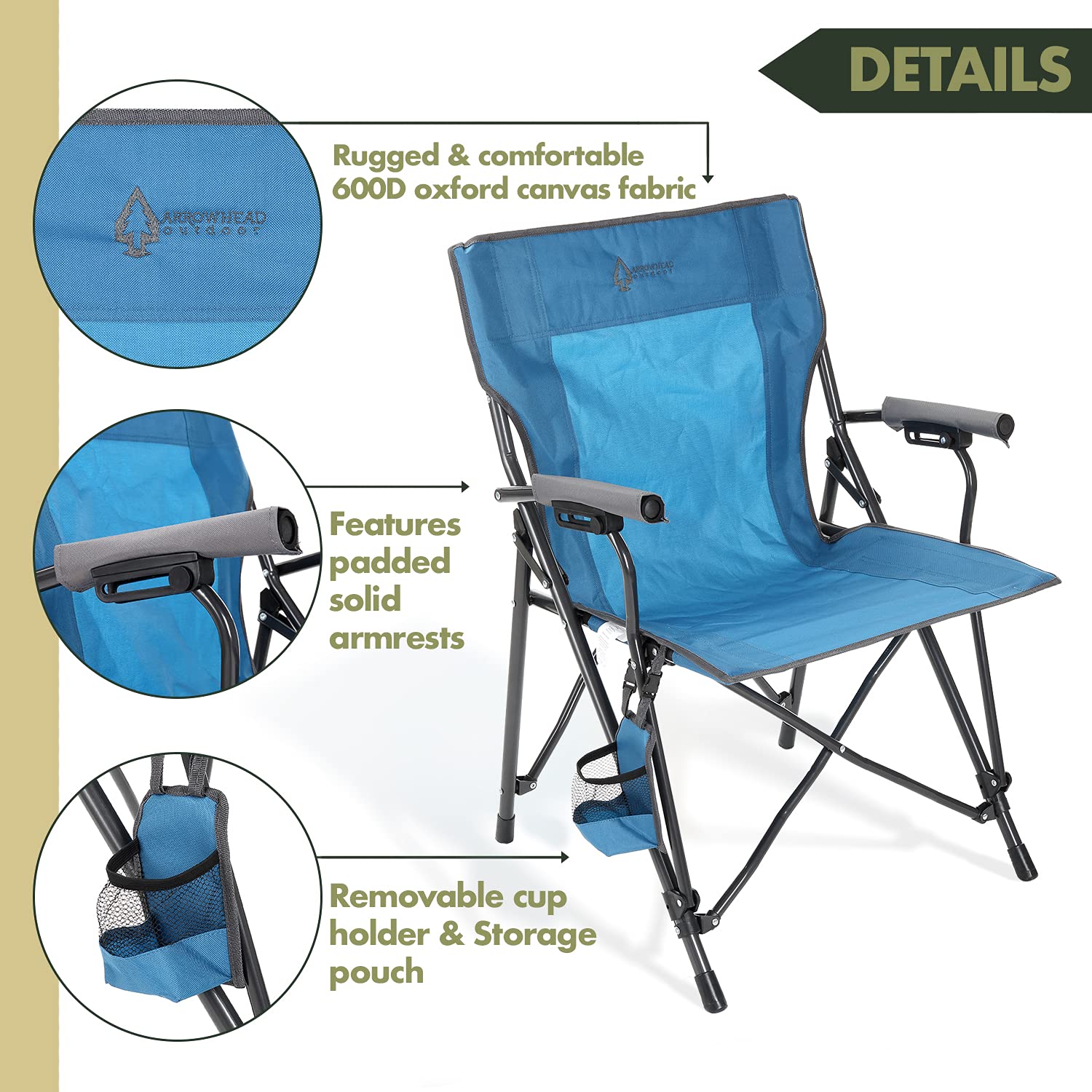 ARROWHEAD OUTDOOR Portable Solid Hard-Arm High-Back Folding Camping Quad Chair, Heavy-Duty Carrying Bag, Cup Holder Included w/Side Pouch, Supports up to 300lbs, USA-Based Support (Blue)