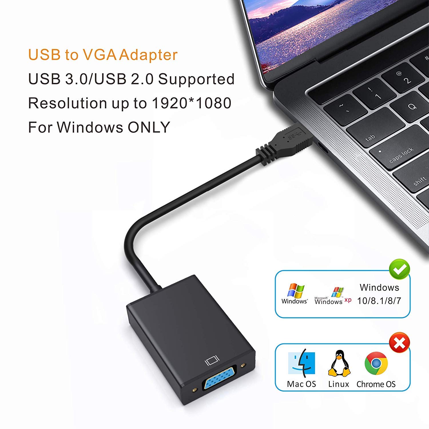 ABLEWE USB to VGA Adapter, USB 3.0/2.0 to VGA Multi-Display Converter Support Resolution 1080p for Win 7/8/8.1/10(Not Support MAC/Chromebook)