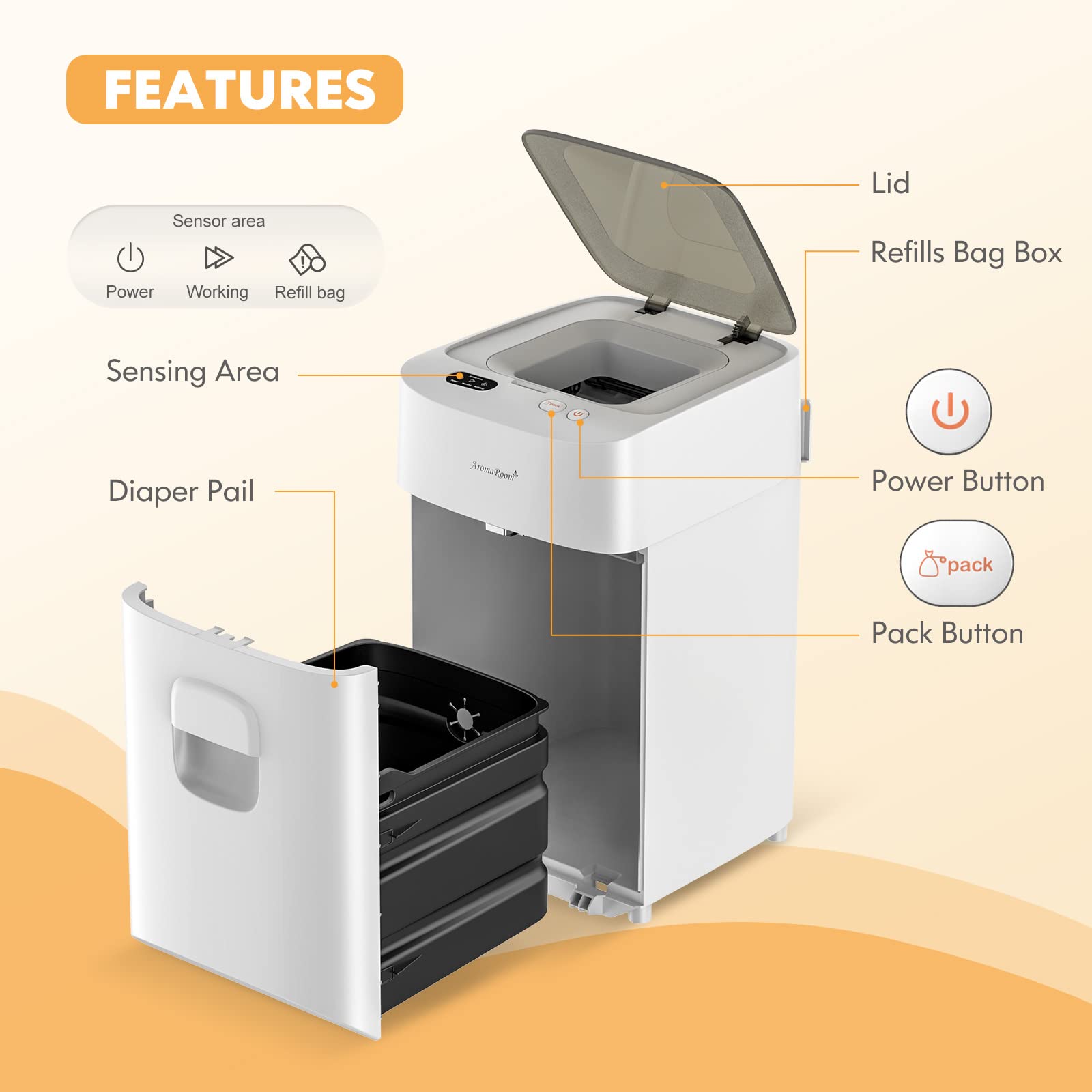 AromaRoom Electric Diaper Pail & Diaper Pail Refills bag 216 Count, 6 Rolls (Large Size)