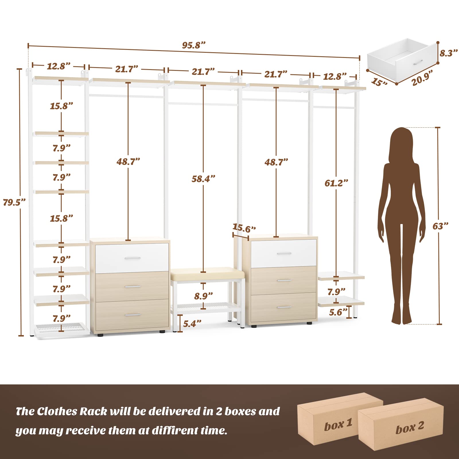 Aheaplus Clothing Rack Heavy Duty Closet Organizer for Hanging Clothes, Large Wall Mounted Garment Rack Clothes Rack with 6-Drawers for Wardrobe, Bedroom and as Walk-in Closet System, Natural+White