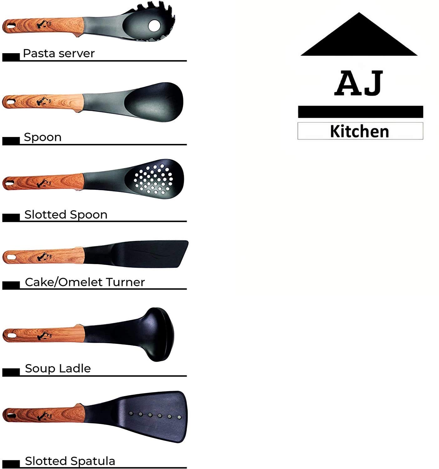 AJ Kitchen Utensils, Utensils Set, Cooking Utensils Set, Kitchen Utensils Set, 7-Pieces Nylon Utensil Sets with Rotating Stand, Non-Stick Cooking Utensils Set, Italian Design.