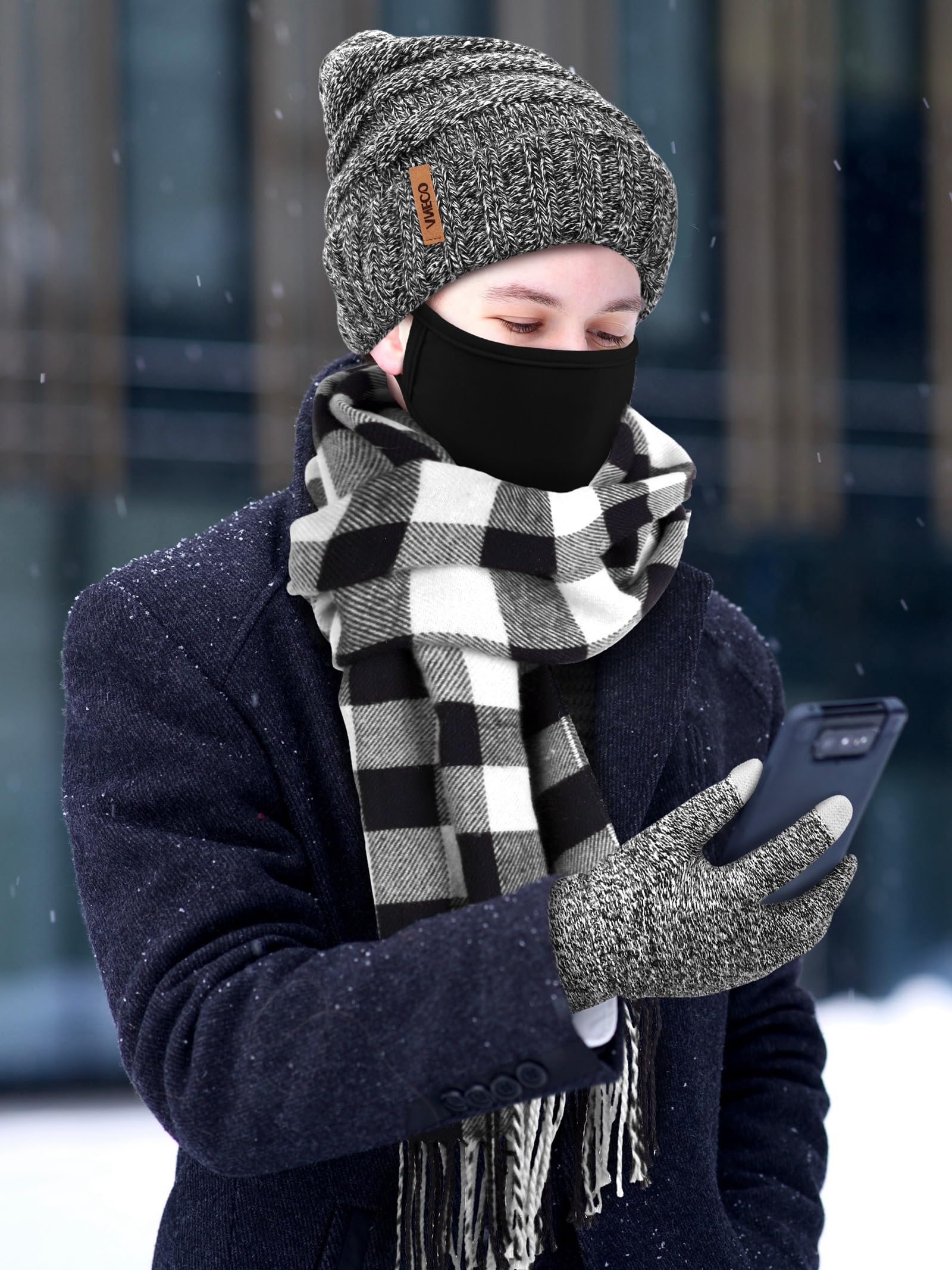 Aneco Winter Warm Sets Buffalo Plaid Scarf Knitted Beanie Hat Gloves Earloop Warm Cover for Men and Women