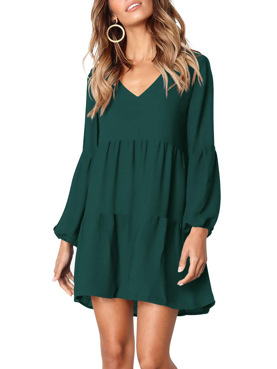 Amoretu Women Long Sleeve Tunic Dress V Neck Swing Shift Dresses(Green,X-Large)