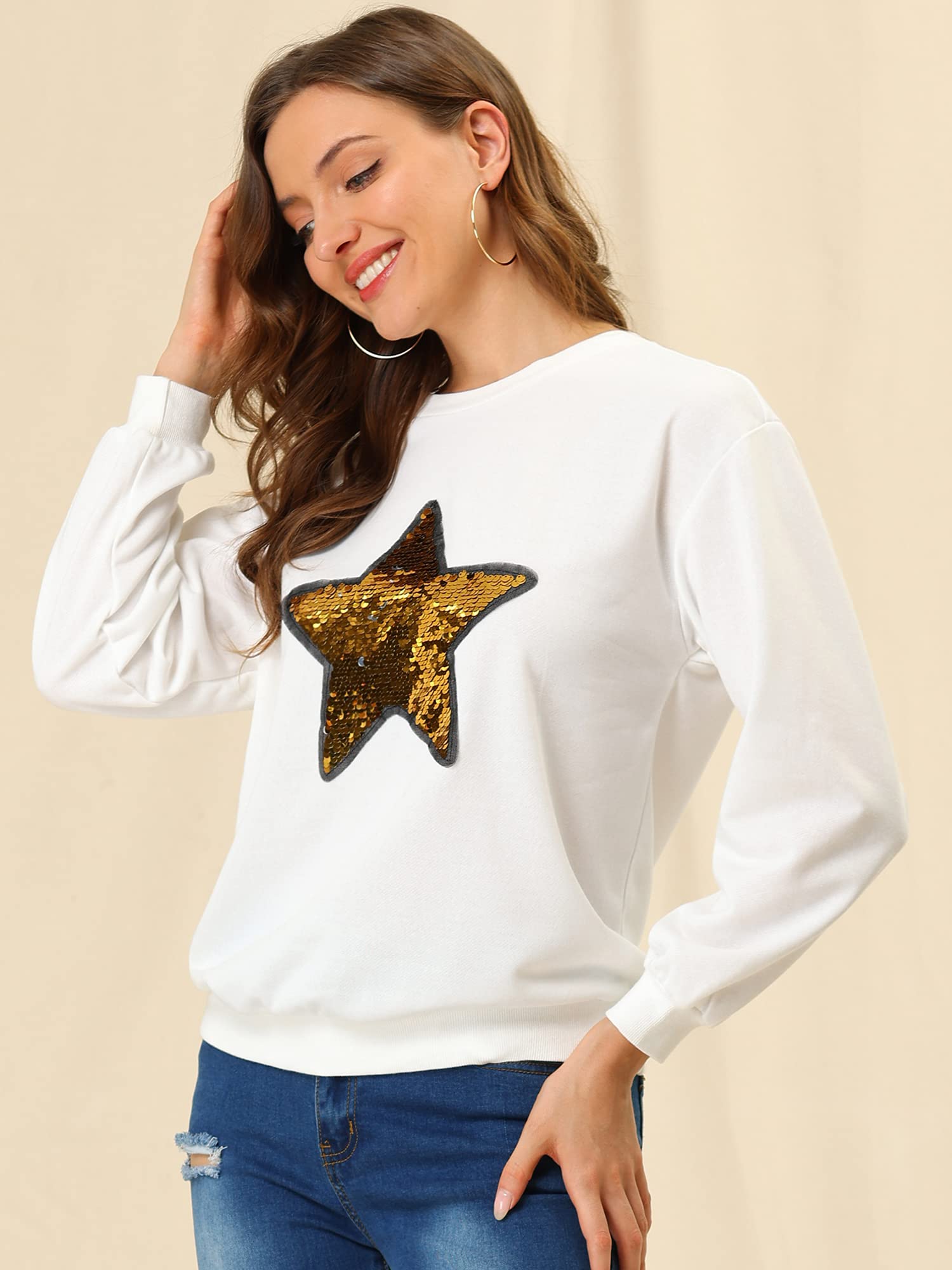 Allegra K Women's Sequin Shiny Star Crew Neck Long Sleeve Sweatshirt Top White Medium