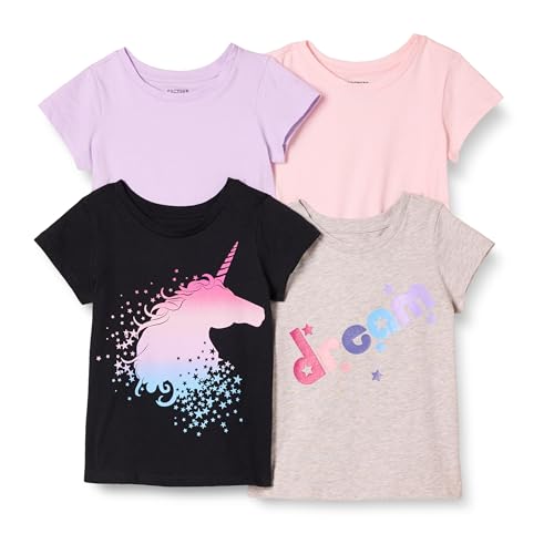 Amazon Essentials Girls' Short-Sleeve T-Shirt Tops (Previously Spotted Zebra), Pack of 4, Black Unicorn/Grey Text Print/Light Pink/Lilac, X-Large