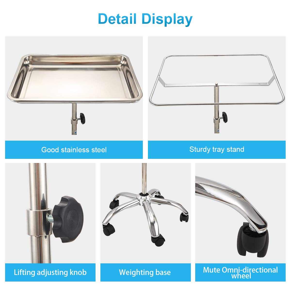 Konmee Upgraded Mayo Instrument Stand with Mobile 5 Caster Base Mobile Medical Doctor Tattoo Spa Salon Service Instrument Procedure Trays with Lift Out Work Tray