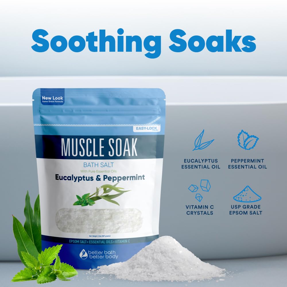 Muscle Soak Bath Salt 32 Ounces Epsom Salt with Natural Peppermint and Eucalyptus Essential Oils Plus Vitamin C in BPA Free Pouch with Easy Press-Lock Seal