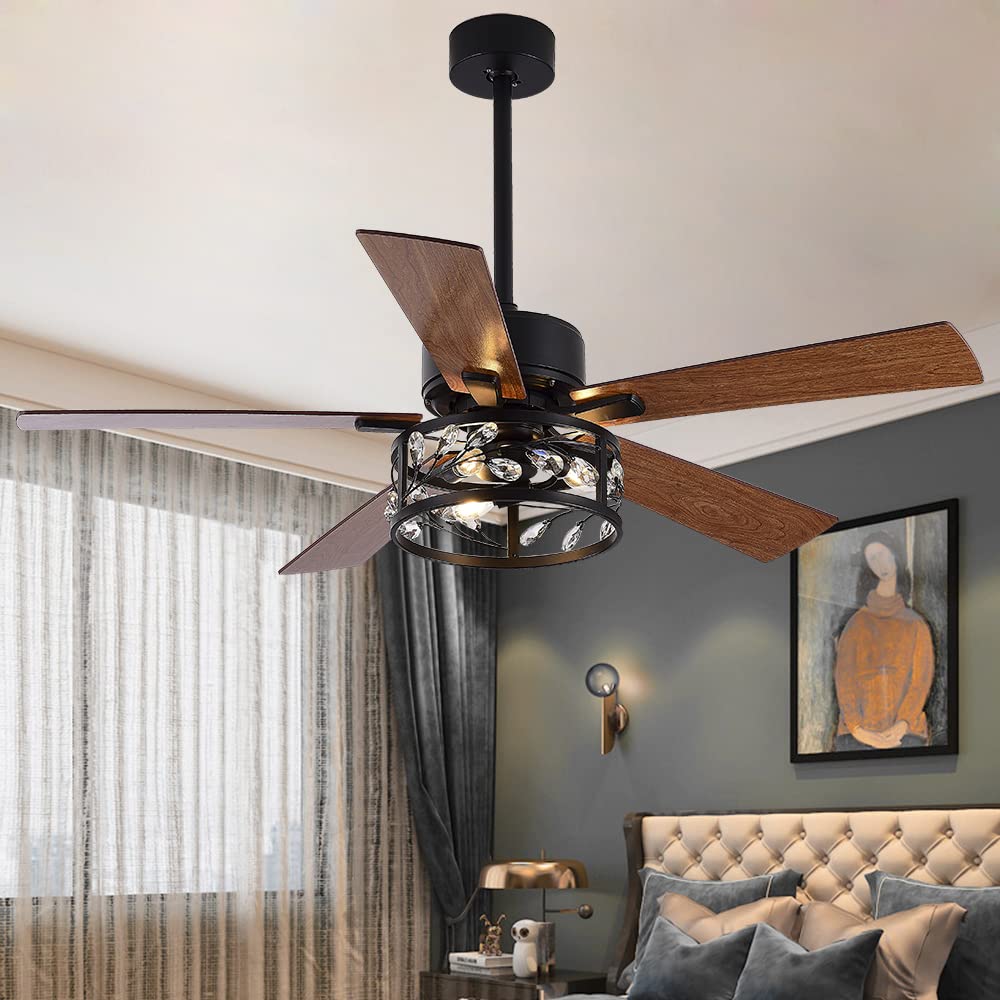 ANFERSONLIGHT 52" Crystal Ceiling Fan with Light - Vintage Industrial Style, Noiseless, Remote Control, Reversible Motor, 3 Speeds - Perfect for Living Room, Bedroom & Dining Room - Black Finish
