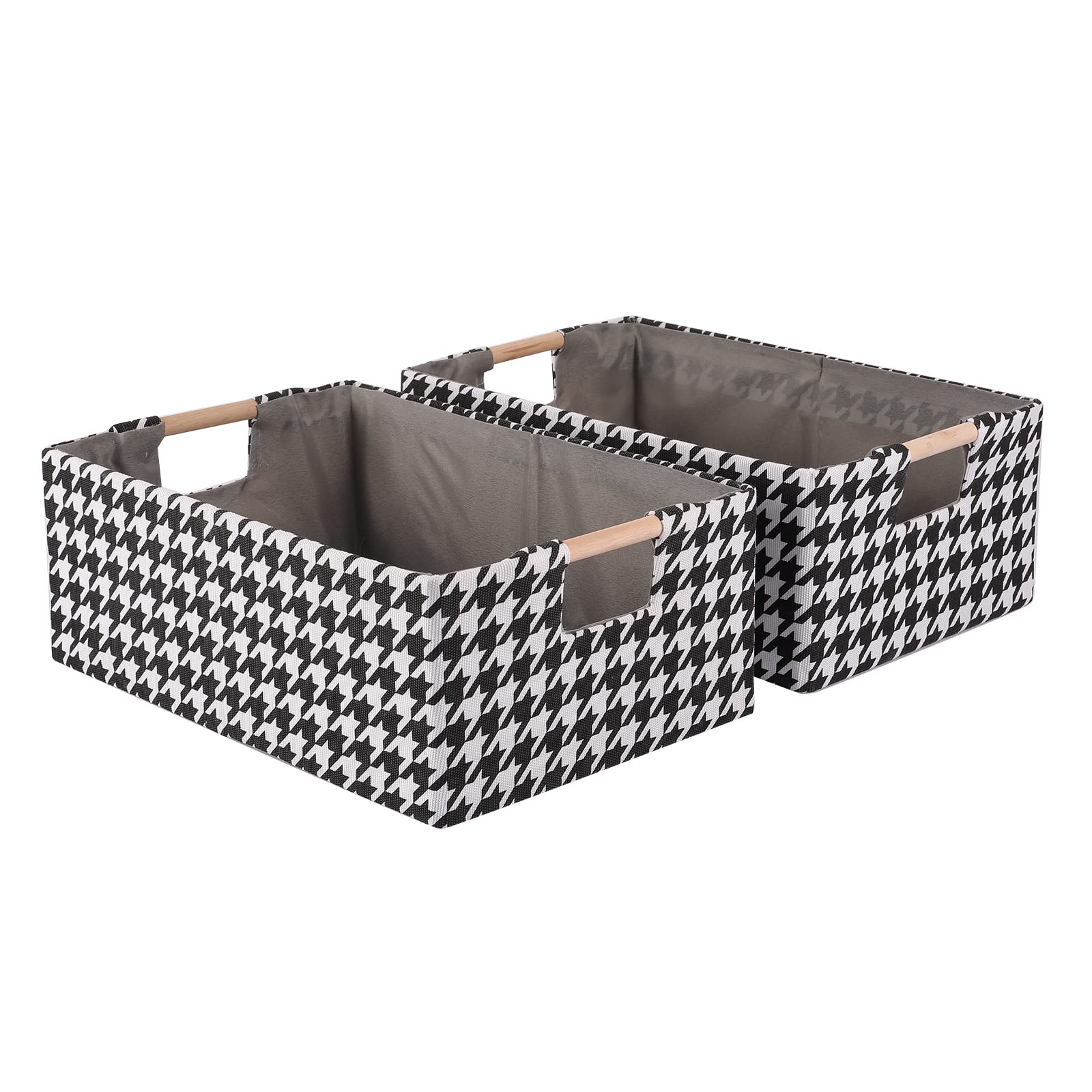 ANMINY 2PCS Storage Bins Set Foldable Cotton Linen Fabric Open Storage Baskets Box with Wood Handles Houndstooth Plaid Decorative Closet Shelf Clothes Towel Laundry Container - Black, Small