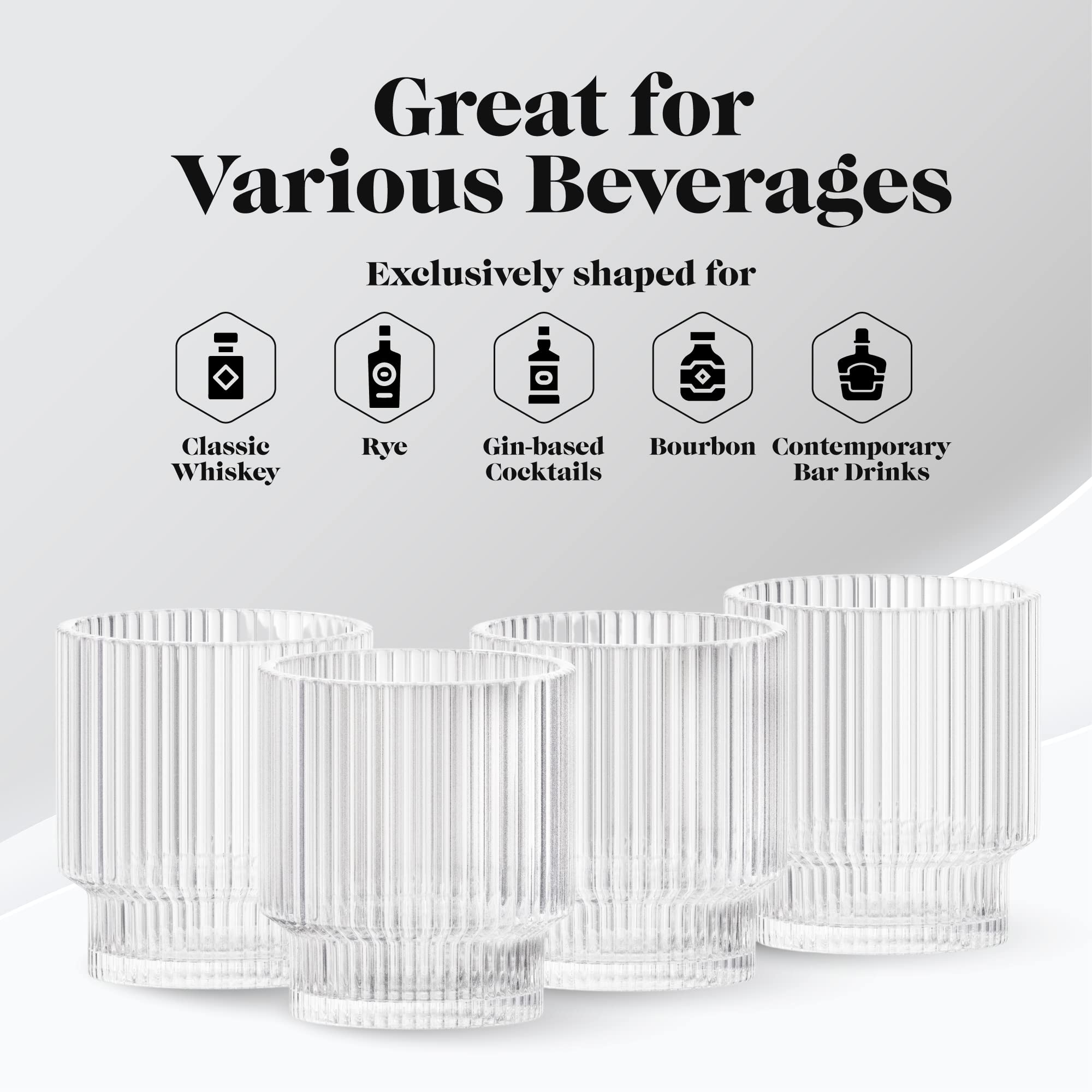 American Atelier Vintage Art Deco Fluted Drinking Glasses | Ribbed Glassware for Cocktail, Gin, Whiskey, & More | Modern Glassware | Lowball Fluted Cocktail Glasses | Set of 4 | 9 Oz (Clear)