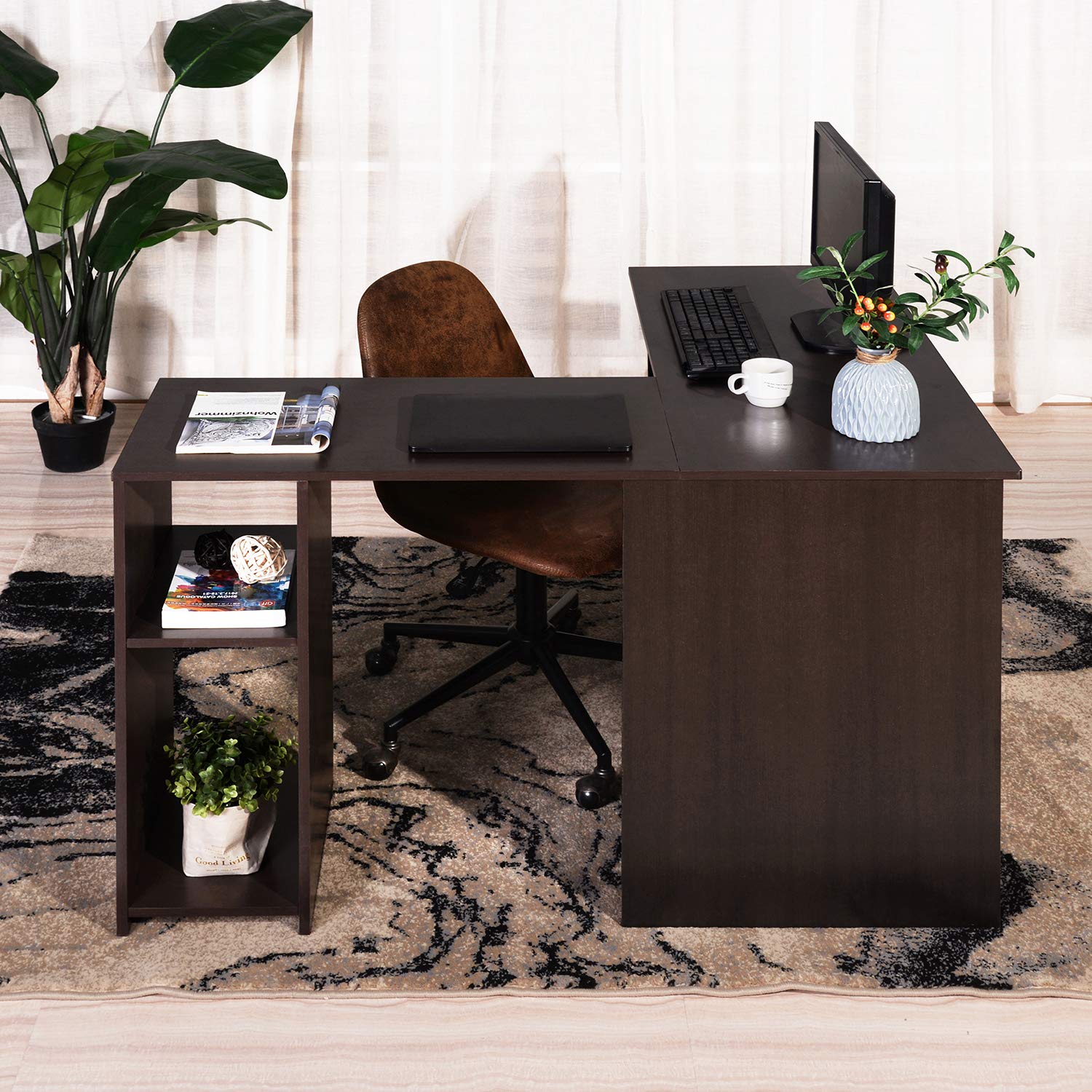 Aoyom 39.4" W x 47.2" D Corner Computer Desk L-Shaped Home Office Workstation Writing Study Table with 2 Storage Shelves and Hutches