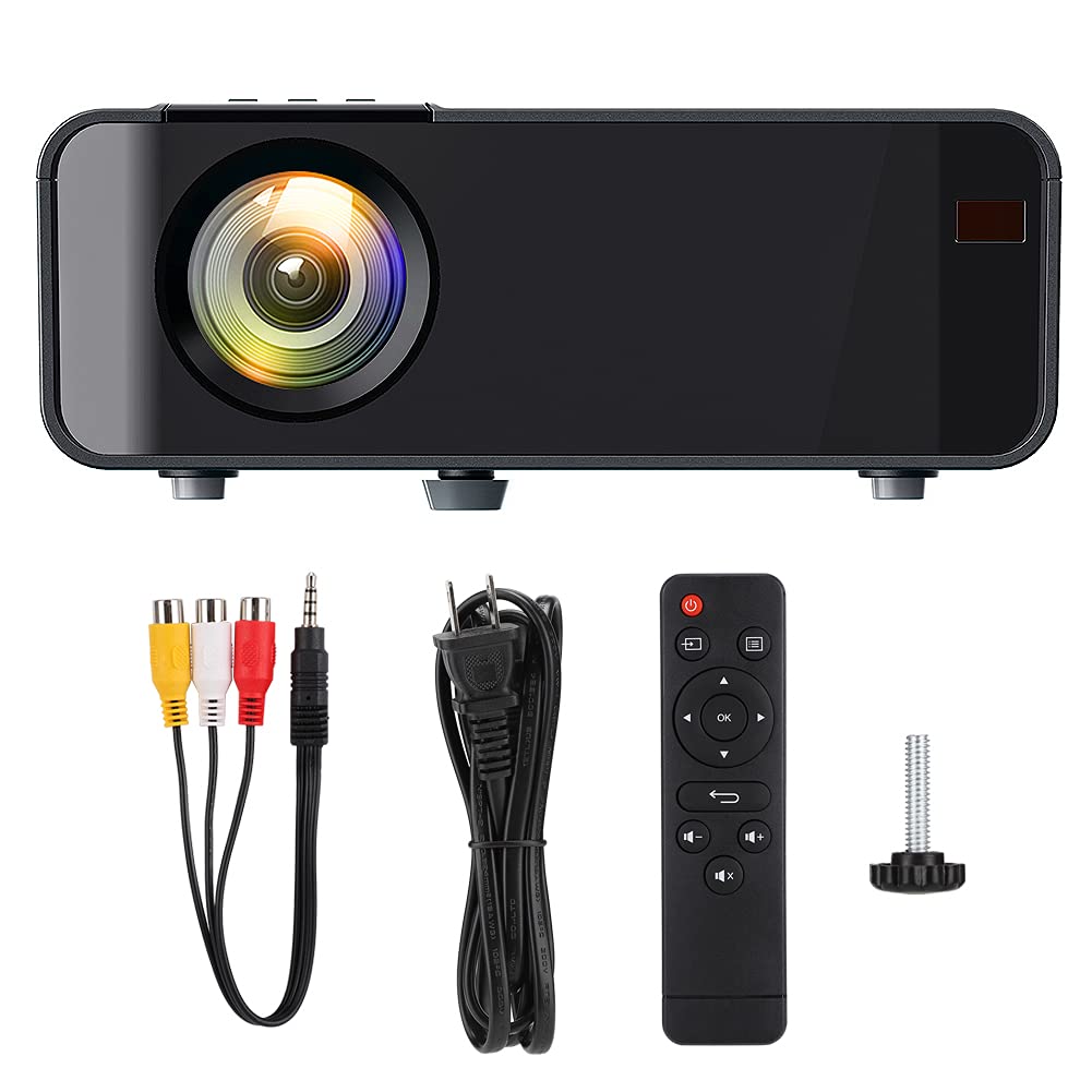 ASHATA Portable HD Projector, 150'' 3D HDMI Video Projector with Holder and Remote Control, Support Dual USB HDMI VGA AV Interface Compatible with TV Stick, Laptop, for iOS, for Android Black