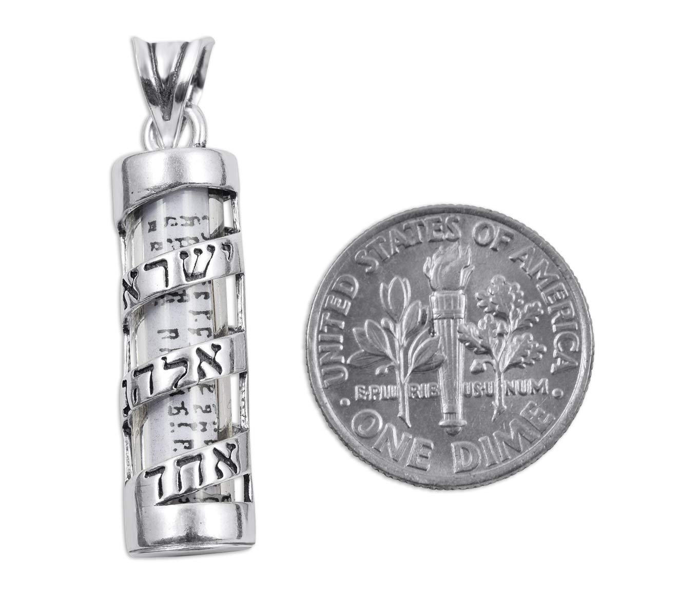 AJDesign Mezuzah Necklace Pendant Spiral Shema Yisrael and Scroll in 925 Sterling Silver (24 Inches Chain)