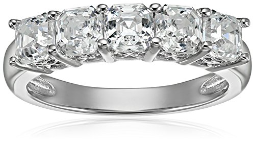 Amazon Essentials Platinum or Gold Plated Sterling Silver Asscher-Cut 5-Stone Ring made with Infinite Elements Cubic Zirconia, Size 6, (previously Amazon Collection)