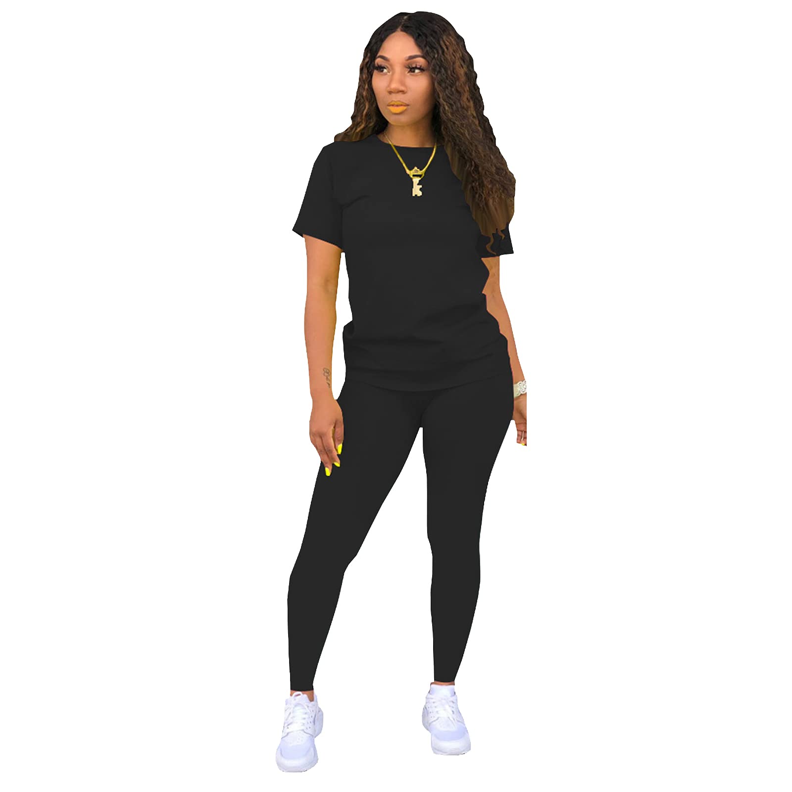 AOMONI Women Two Piece Outfits Tracksuit Summer Plus Size Top Pant Set Casual Short Sleeve T-shirt Black 3X-Large