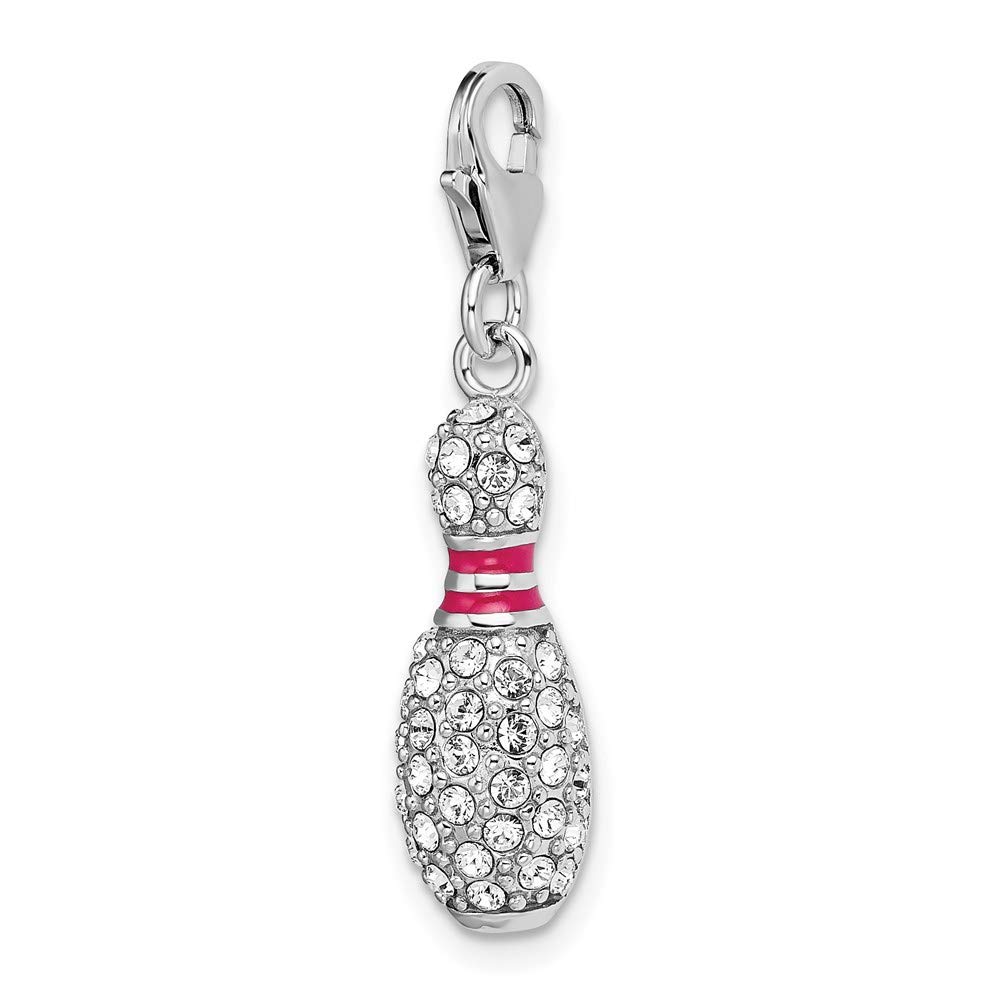 Amore La Vita Sterling Silver Rhodium-plated Polished 3-D Reversible Enameled Bowling Pin Charm with Fancy Lobster Clasp QQCC314