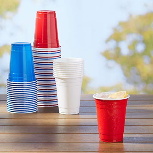 Amazon Basics Plastic Cups, 16oz, Pack of 120, Red, White, and Blue