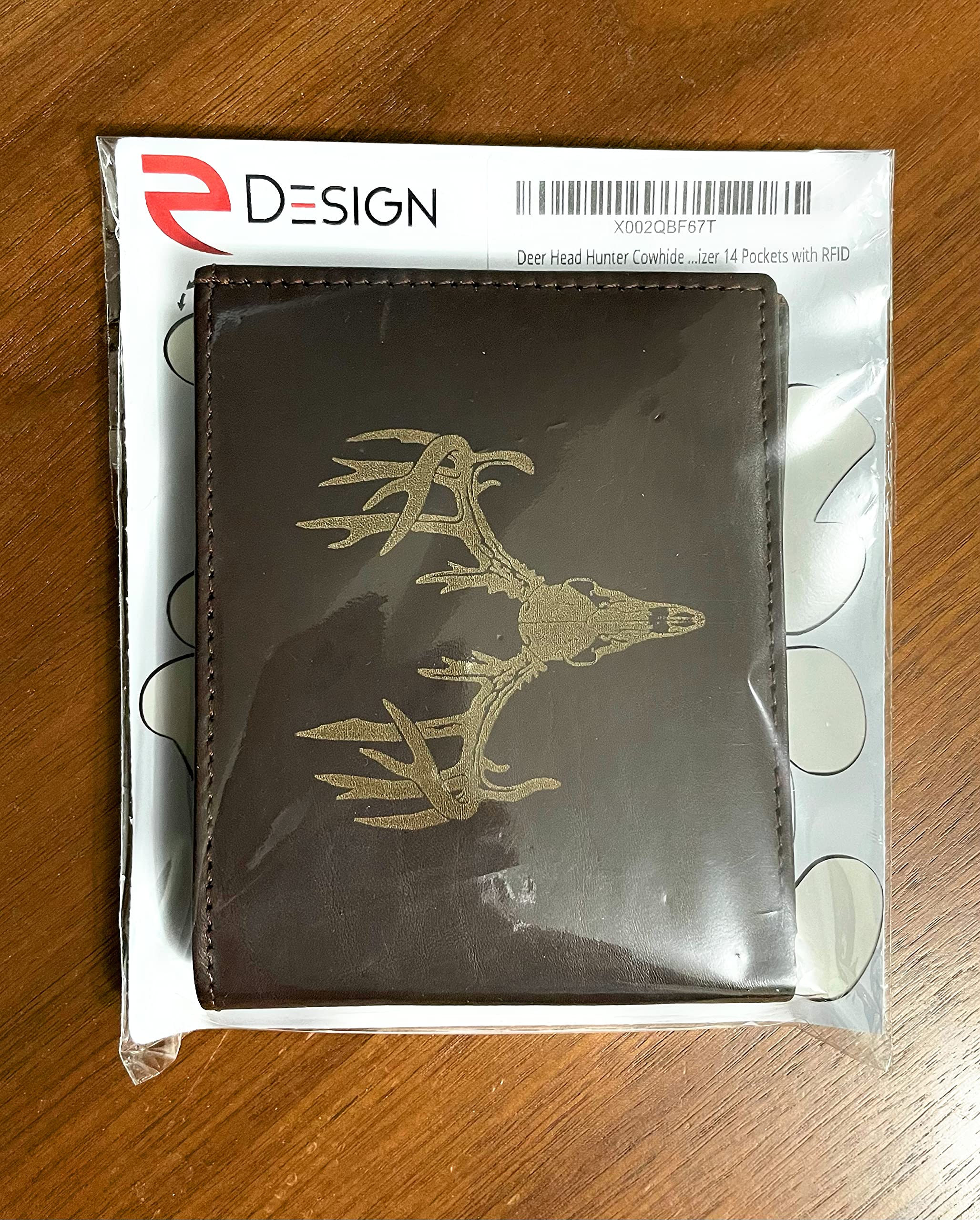 Deer Buck Antlers Skull Hunting Cowhide Leather Laser Engraved Engraving Slimfold Mens Large Capacity Luxury Wallet Purse Minimalist Sleek Slim Brown Credit Card Holder Organizer 14 Pocket with RFID