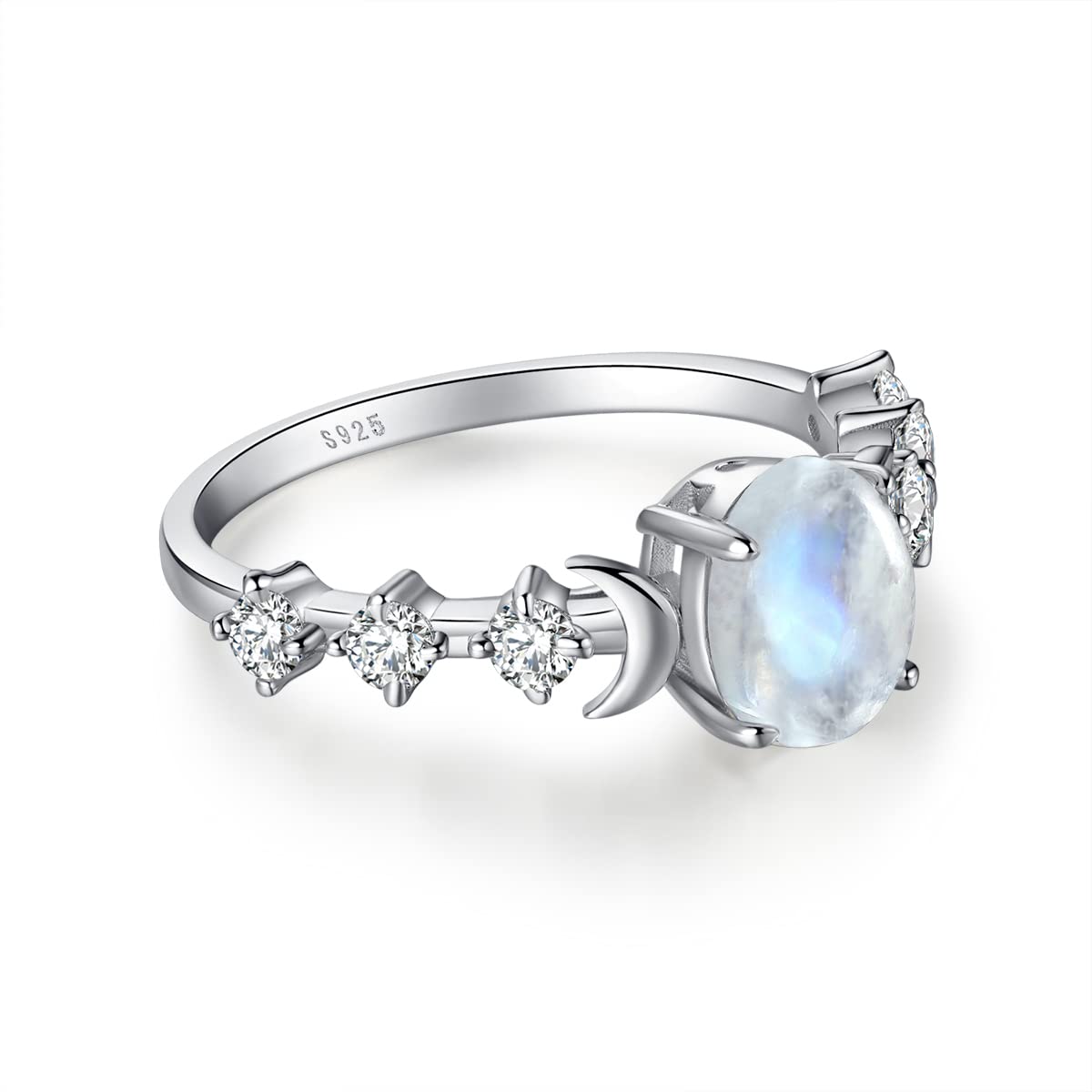 Angol Genuine Moonstone Ring Sterling Silver Moon Phase Ring Oval Moonstone Cubic Zirconia Statement Band Finger Minimalist Ring for Women with Gift Box（Silver）