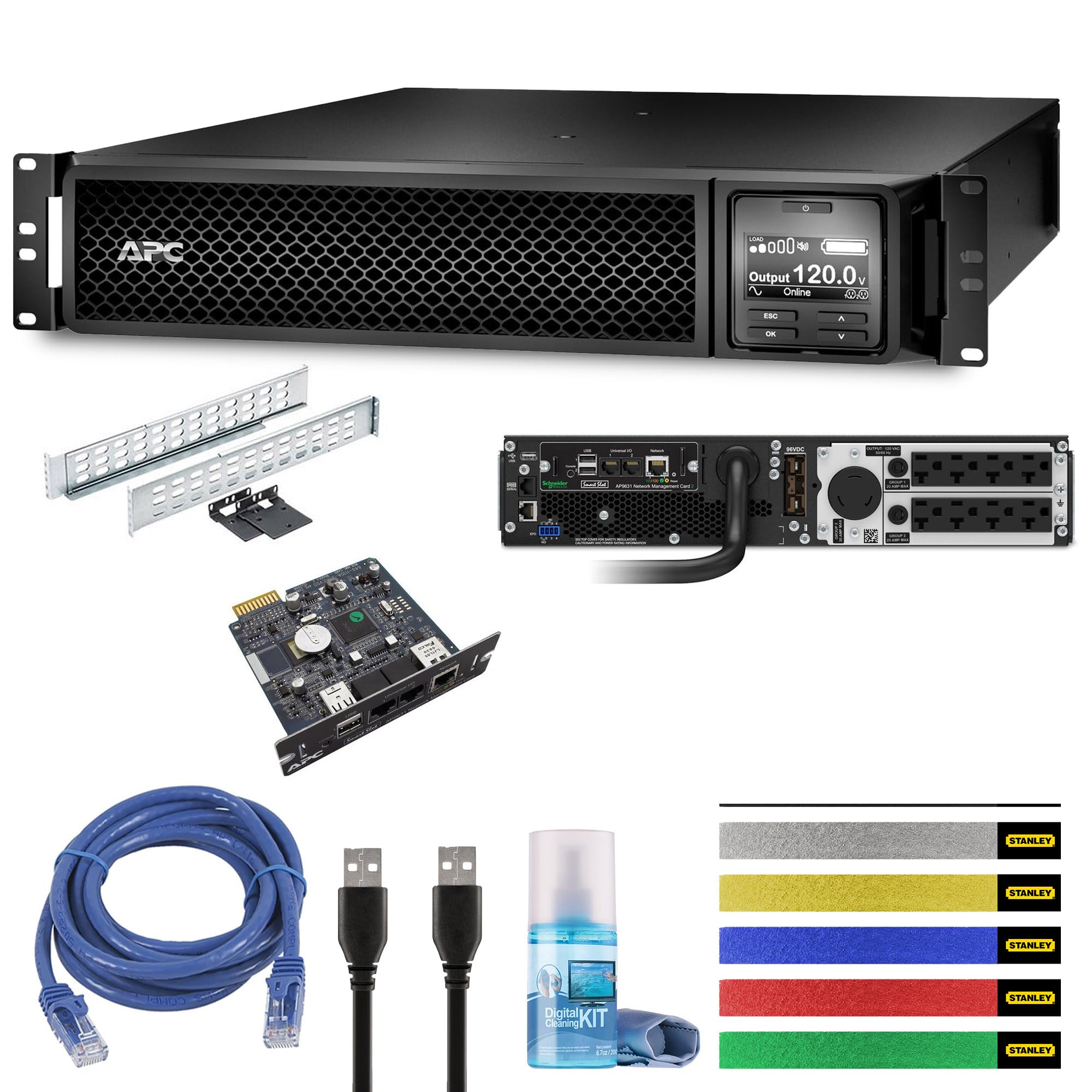 APC UPS 3000VA Smart-UPS Single Phase Online Uninterruptible Power Supply, Rack Mount UPS (SRT3000RMXLA) with Ethernet Cable, Wire Ties & Cleaning Kit