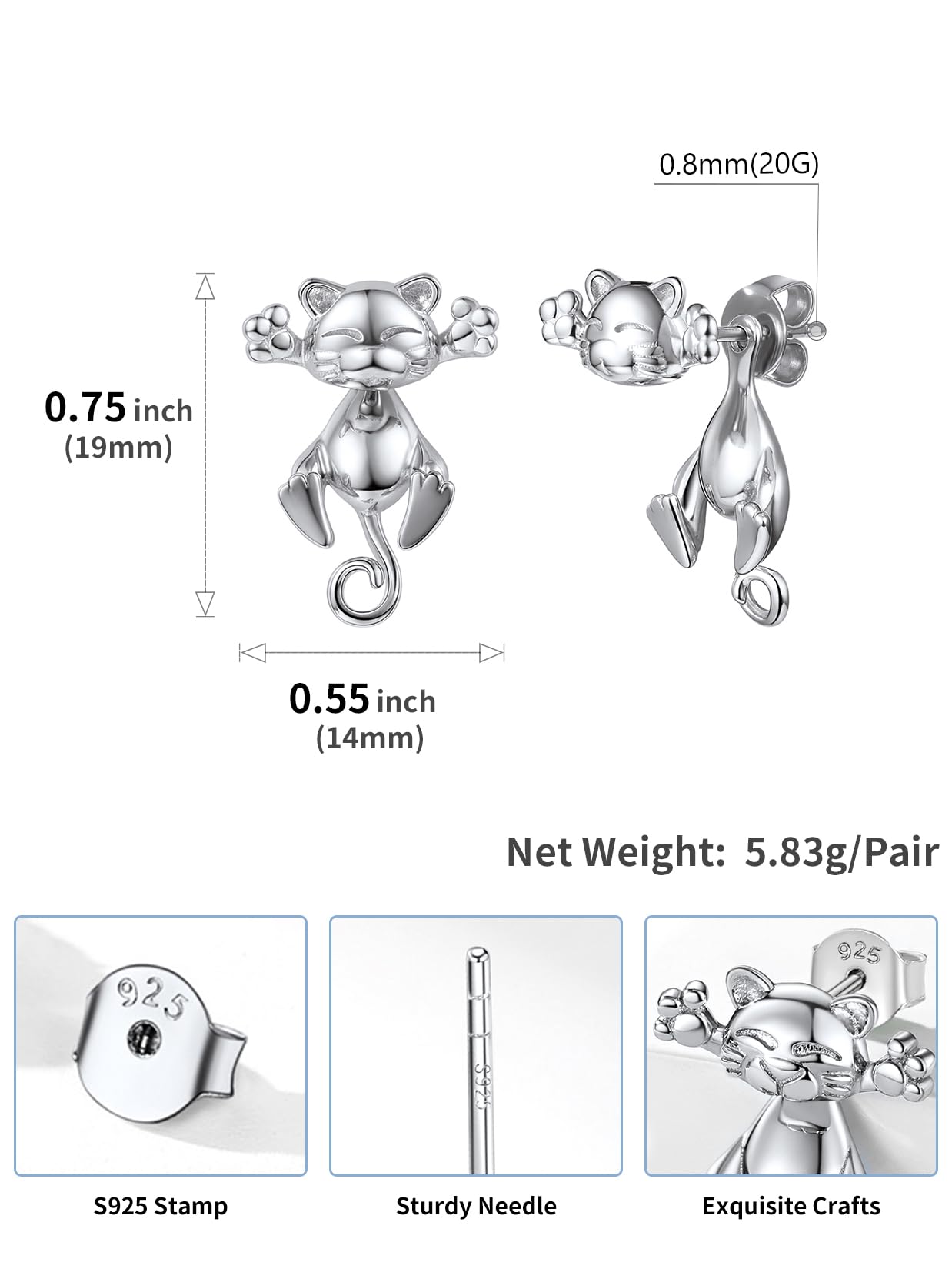 925 Silver Cute Cat Earrings Stud Solid Sterling Jewelry " Kiss me Hug Me" 3D Kitten Ear Jacket Earring for Women Teen Girls