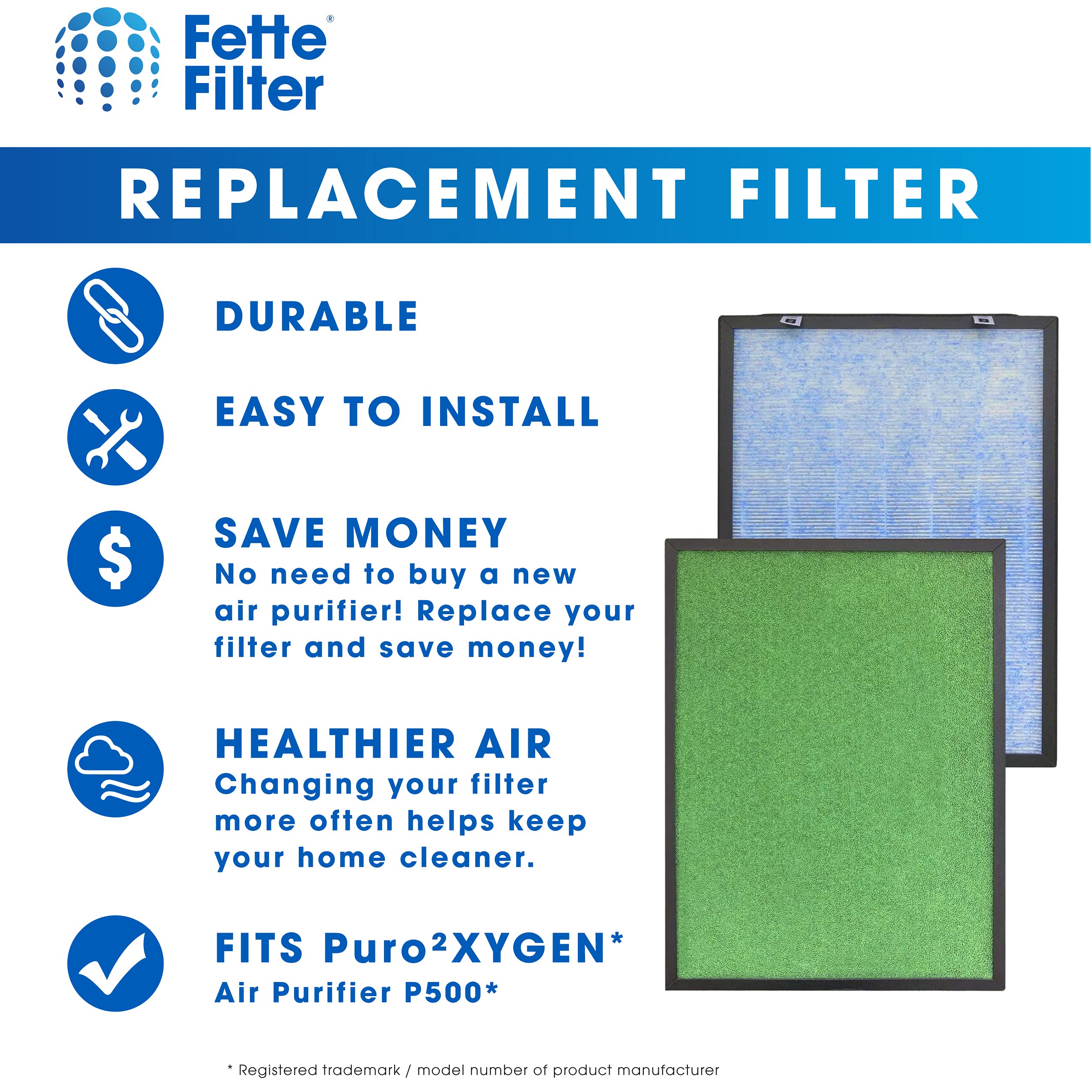 Fette Filter - 4-in-1 High-Efficiency Replacement Filters (pack of 2) Compatible with PURO²XYGEN Air Purifier P500 with True HEPA Filter, Activated Carbon Filter - Pack of 2