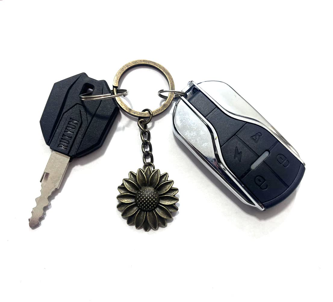 Antique Bronze Colored Sunflower Pendant Key Chain-Bronze Key Ring-Sunflower Keyring Keychain
