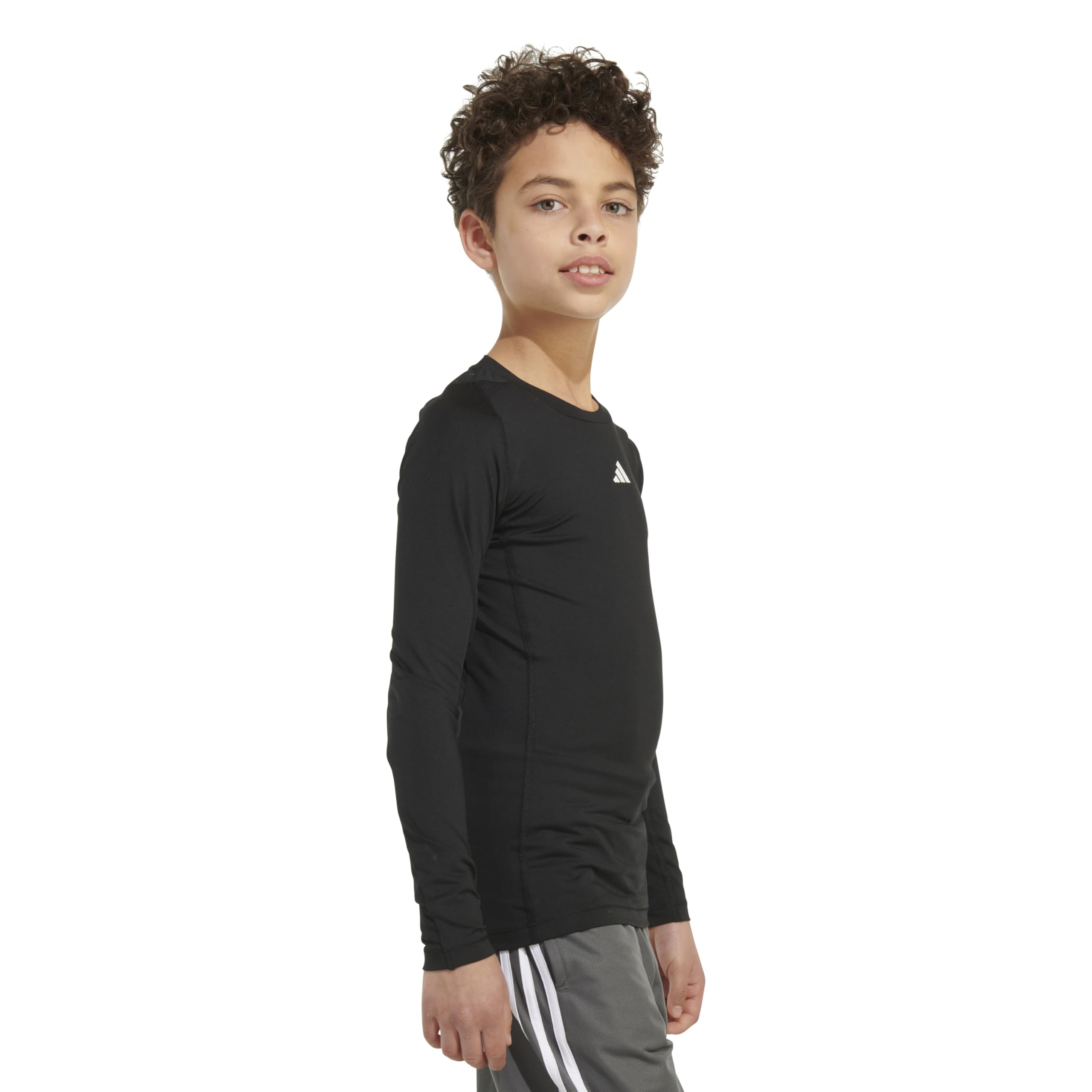 adidas Boys' Moisture Wicking Compression T-Shirt Techfit Athletic Long Sleeve Tee, White/Shoulder Logo, Large
