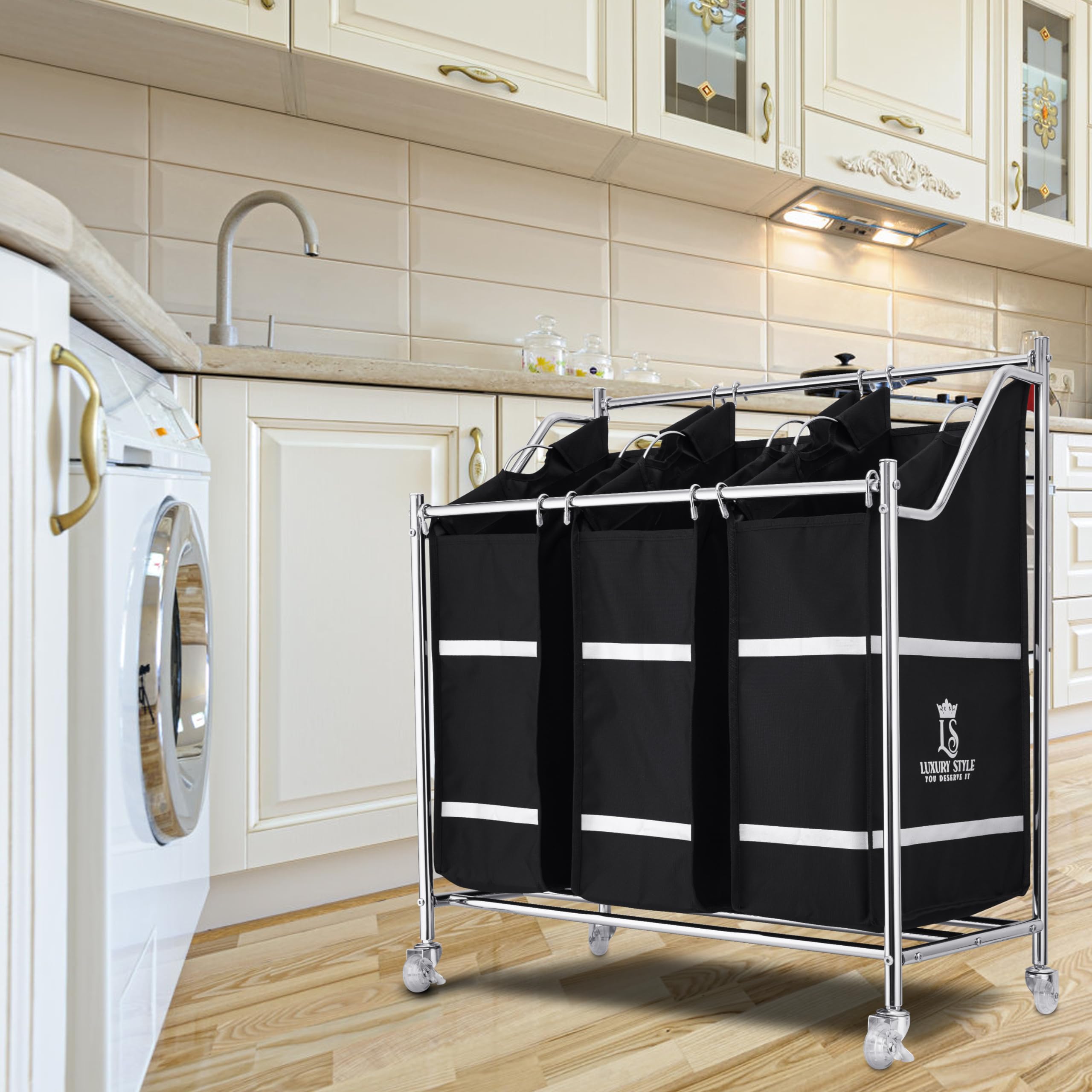 LUXURY STYLE 3- Sections Laundry Sorter, Roling Laundry Cart, Modern Golden Laundry Hamper, 3-Bags Laundry Hamper with Wheels, Laundry Basket, XL Hamper for Clothes, Toys, and Towels (Elegant Silver)