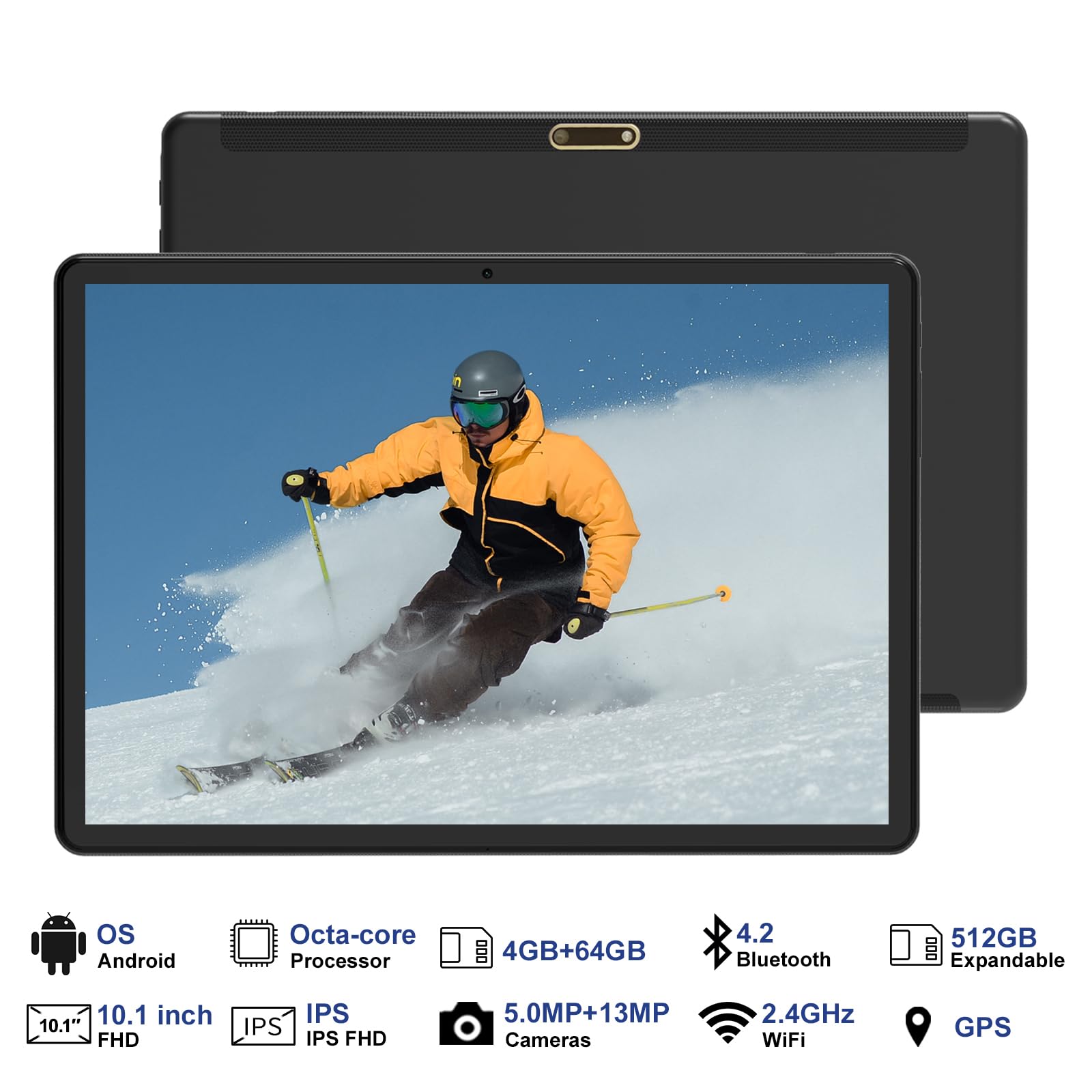Android Tablet 10.1 inch Tablet Latest Update Octa-Core Processor with 64GB ROM+4GB RAM Storage, 13MP Camera, 9 Hours Larger Battery, Bluetooth, WiFi, GPS, 512GB Expand Support, IPS Full HD Display