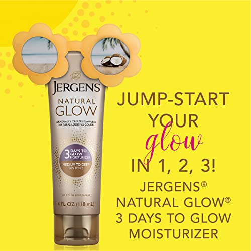 Jergens Natural Glow 3-Day Self Tanner, Sunless Tanner for Medium to Deep Skin Tone, Sunless Tanning Lotion Daily Moisturizer, for Streak-free Color, 4 Ounce