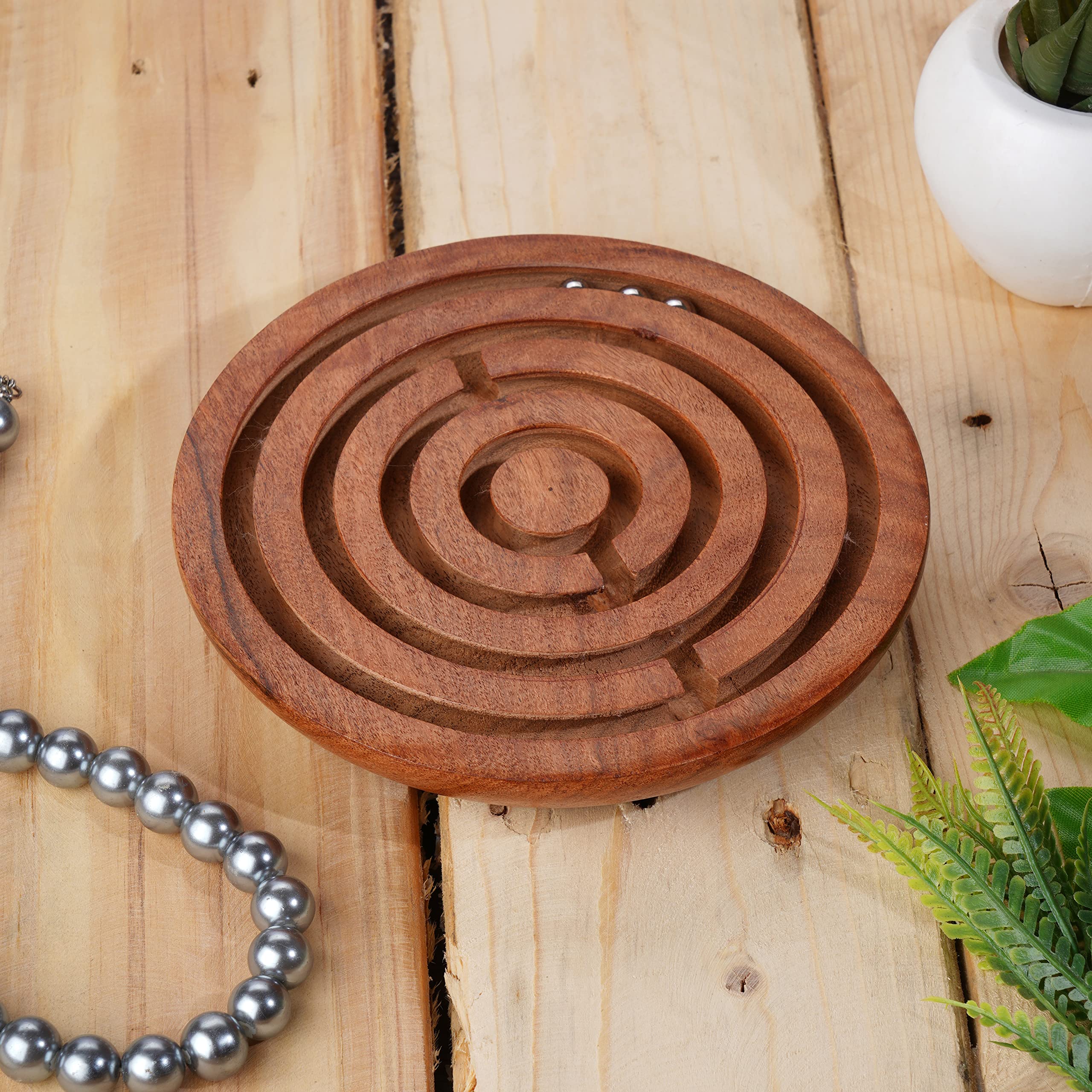 Ajuny Handcrafted Indian Wooden Round Labyrinth Ball Maze Puzzle Board Game Challenging Education Game, Brain Teaser for Kids, Adults