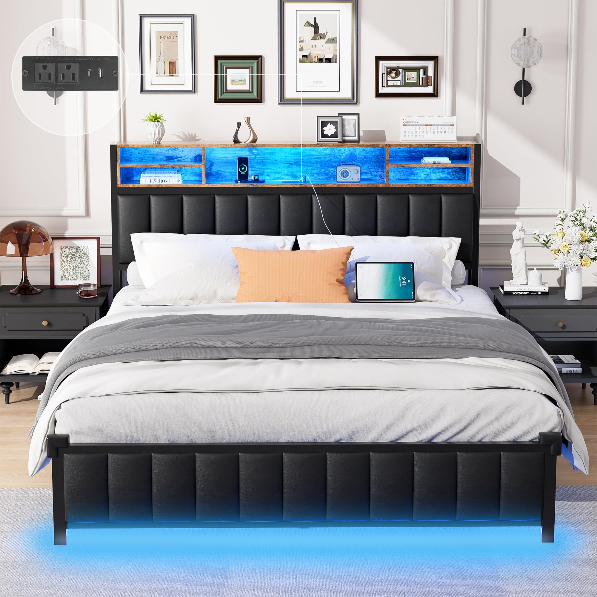 Alohappy Queen Bed Frame with Bookcase Headboard and LED Light,Upholstered Platform LED Bed Frame with Charging Station,Type-C & USB Ports,No Box Spring Needed,Easy Assembly and Noise Free