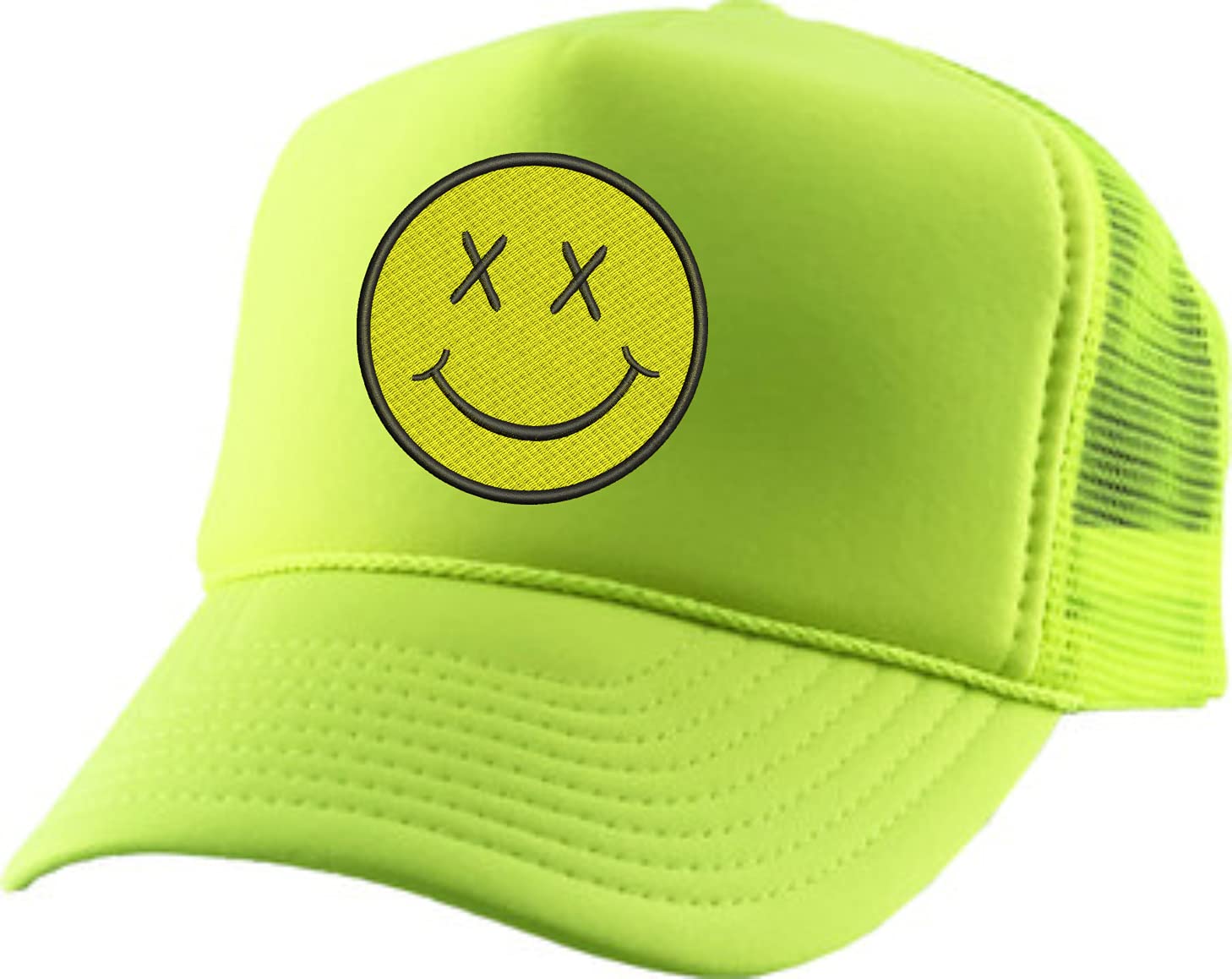 ALLNTRENDS Adult Trucker Hat Smile Face Embroidered Baseball Cap Adjustable Snapback (Neon Yellow)