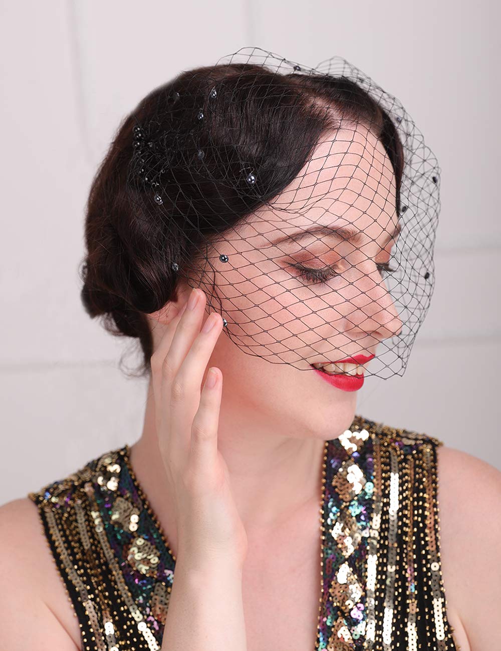 Aimimier Bridal Short Veil with Pearl Comb 1920s Flapper Fascinator Mesh Veil Single-layered Birdcage Veil for Wedding (Black)