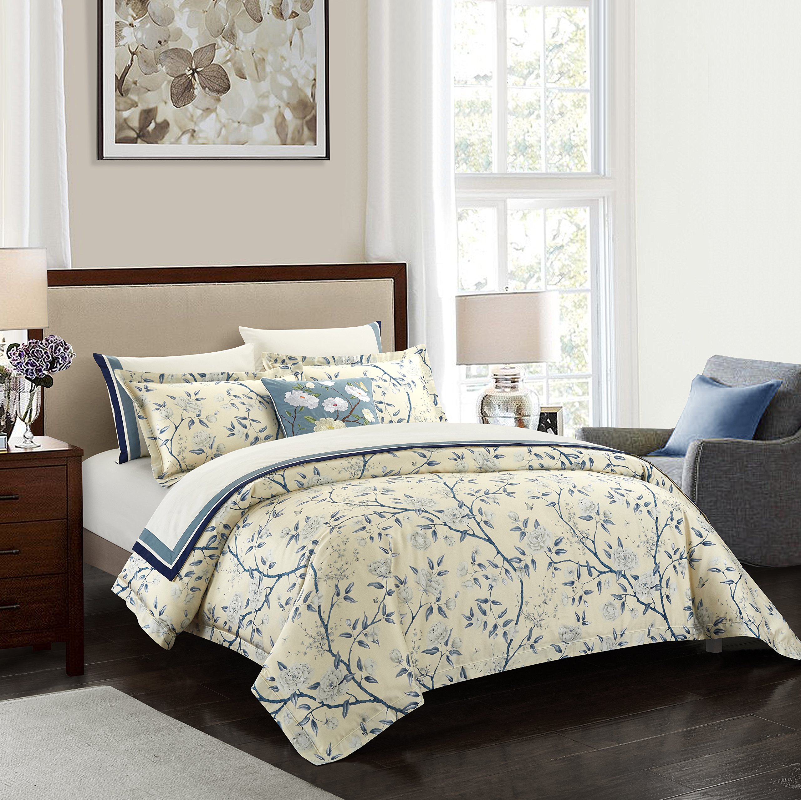 Casabolaj Blue&White Luxury Vintage Duvet Covers Set 3 Pieces Do Not Include Filling Deluxe French Country Watercolor 100% Egyptian Cotton Sateen 400 TC Button Closure and Corner Ties King Size