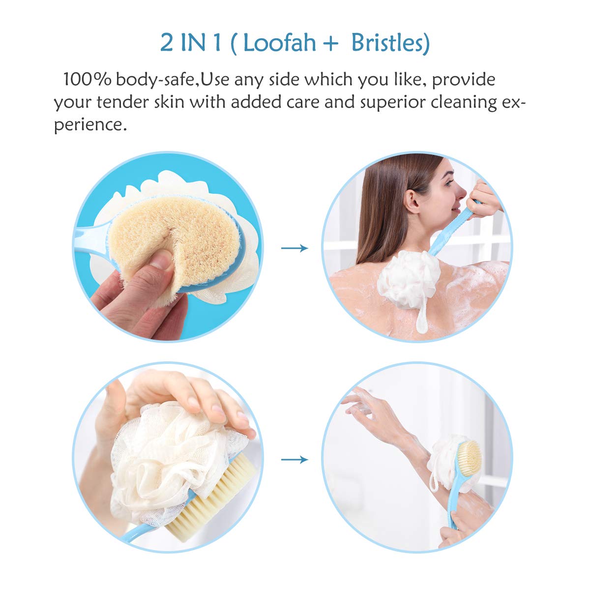 Back Scrubber for Shower, 1 Double-Sided Soft-Stiff Bristles Body Scrubber with Curved Long Handle, 1 Dry Brush, 1 Lotion Applicator for Back, Wet & Dry Brushing Body Exfoliating, Bath Brush 3 Pack
