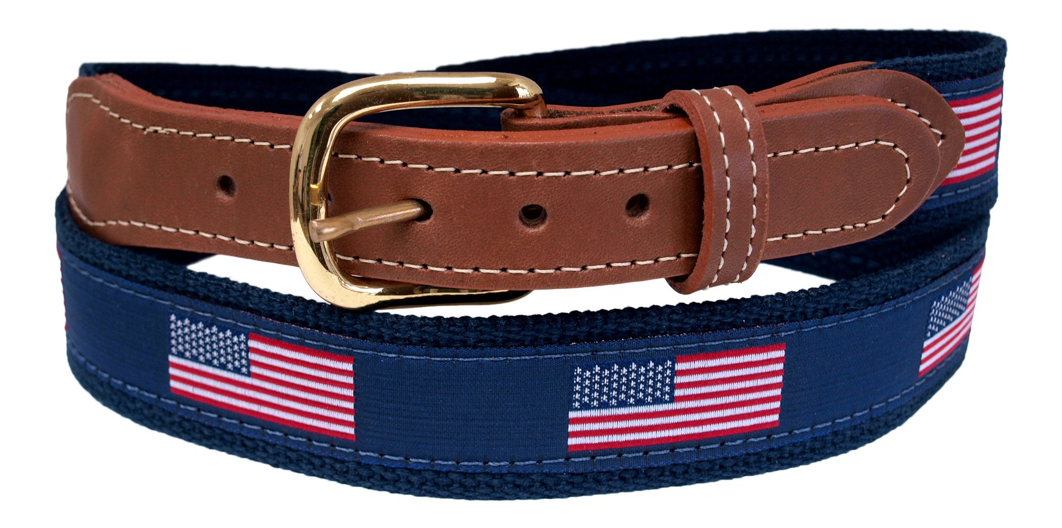 American Flag Belt on Navy Webbing, Leather Tips (40 (Pant Waist Size 38))