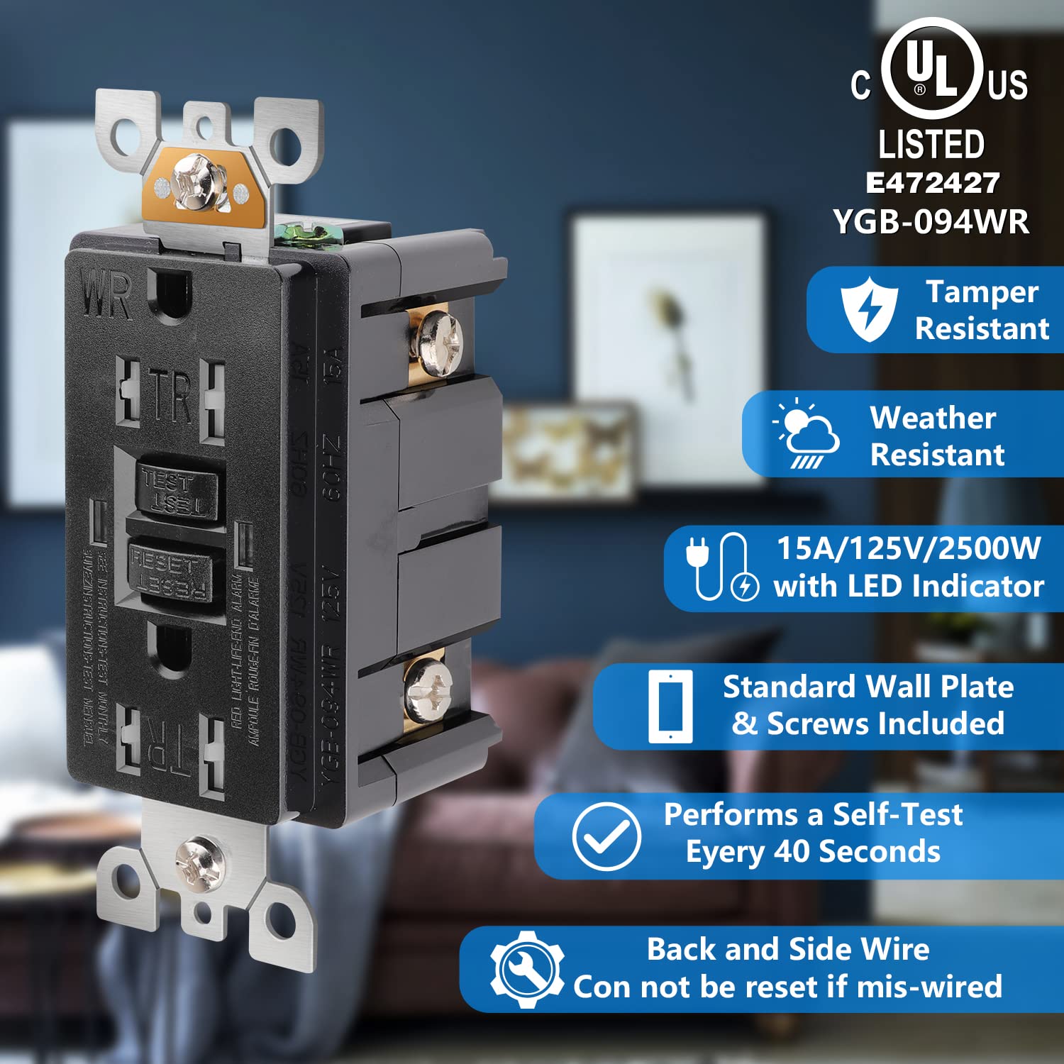 ANKO GFCI Outlet 15 Amp, Self-Test, Tamper-Resistant, Weather Resistant Receptacle Indoor or Outdoor Use, 2 LED Indicator with Decor Wall Plates and Screws, Black1